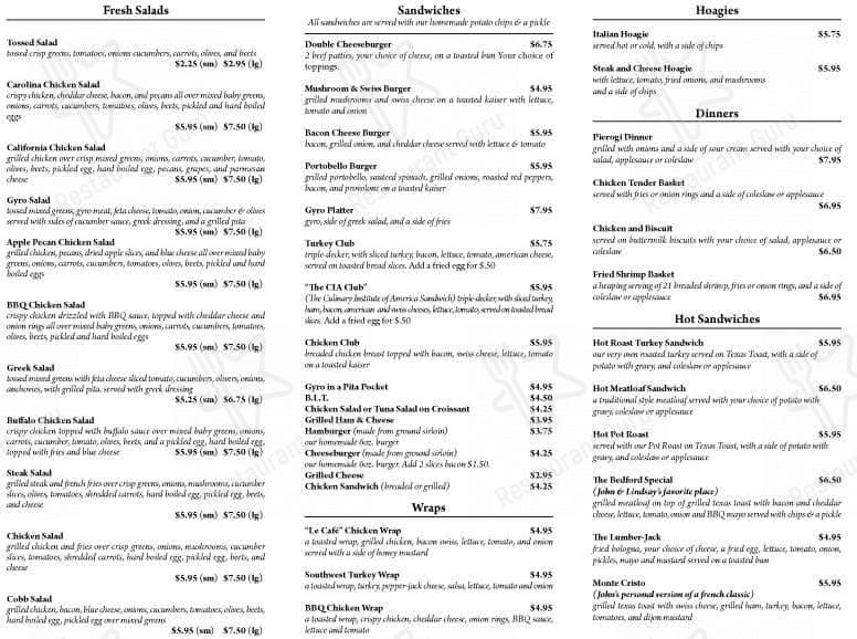 Menu at Le Cafe, Murrysville