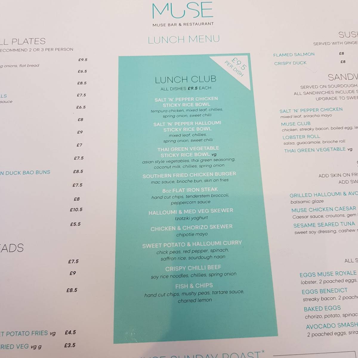 Menu at Muse restaurant, Oldham