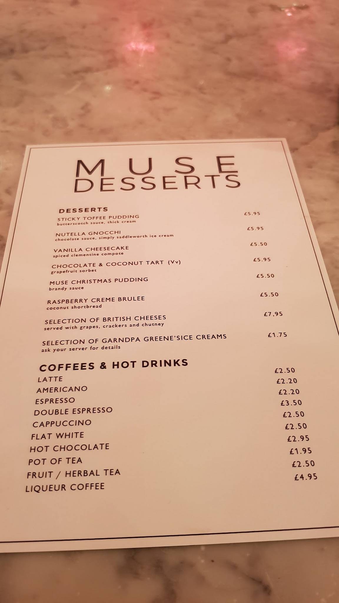 Menu at Muse restaurant, Oldham