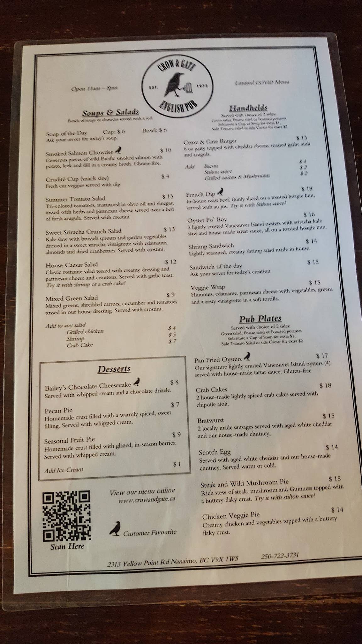 Menu at Crow & Gate Pub, Nanaimo