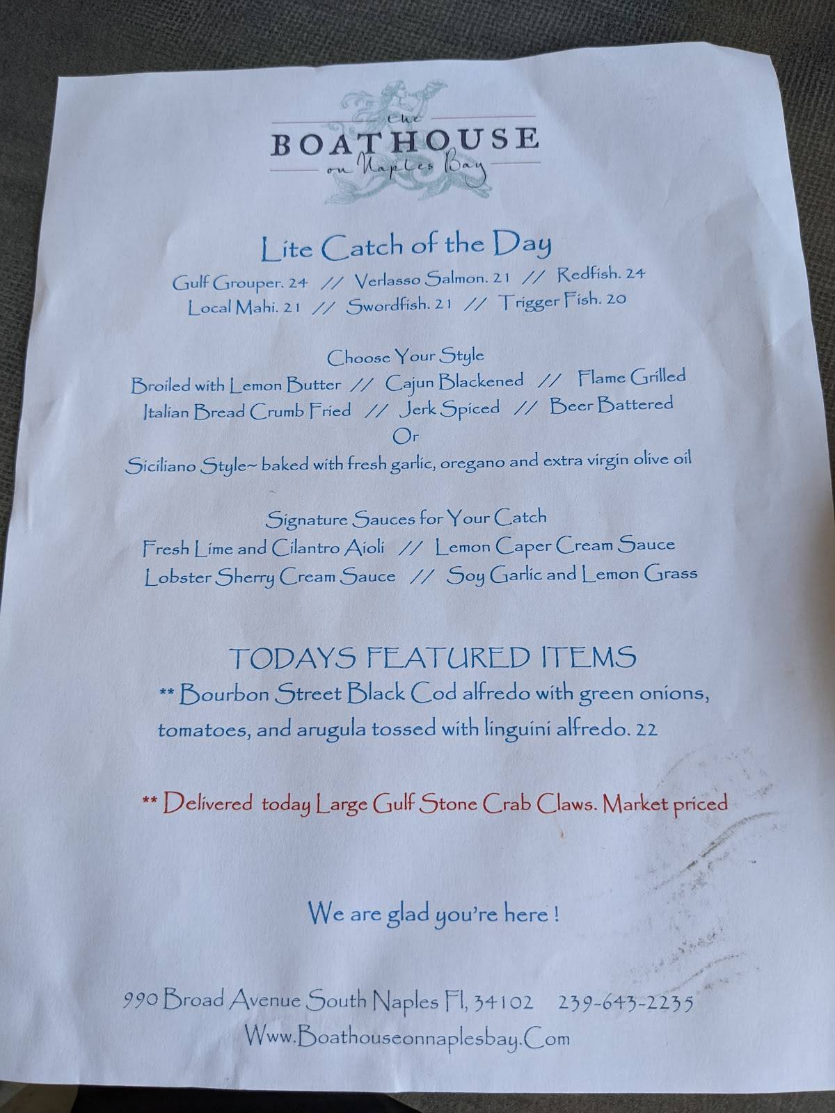 Menu at The Boathouse on Naples Bay restaurant, Naples
