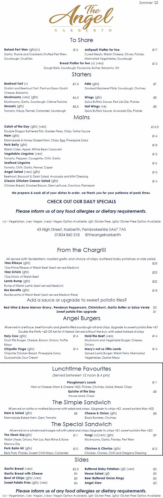 Menu at The Angel Narberth pub & bar, Narberth