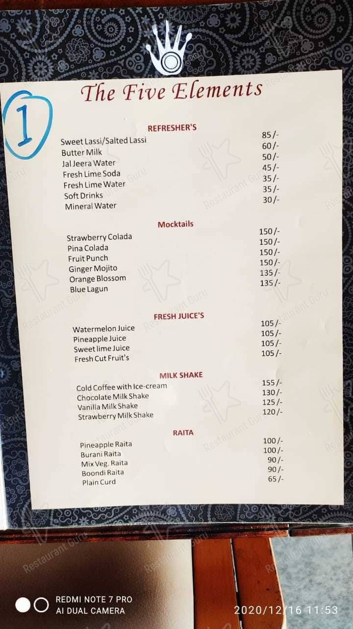 Menu at The Five Elements Restaurant, Nashik, Mahatma Nagar-Untwadi Rd