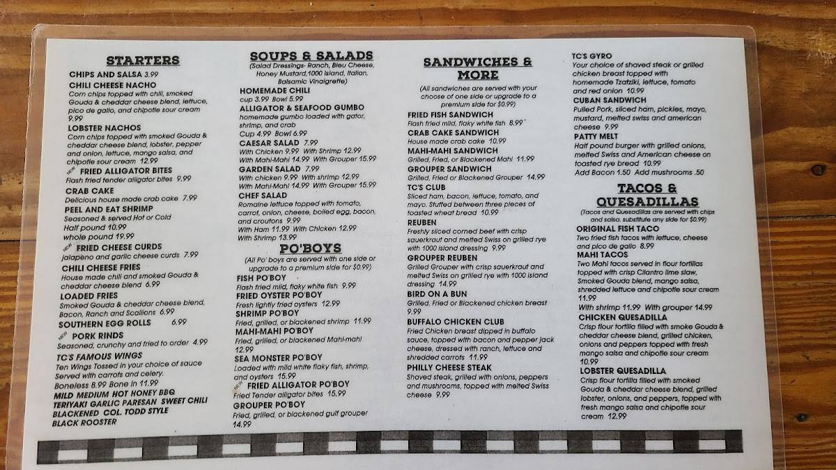 Menu at TC's Front Porch pub & bar, Navarre