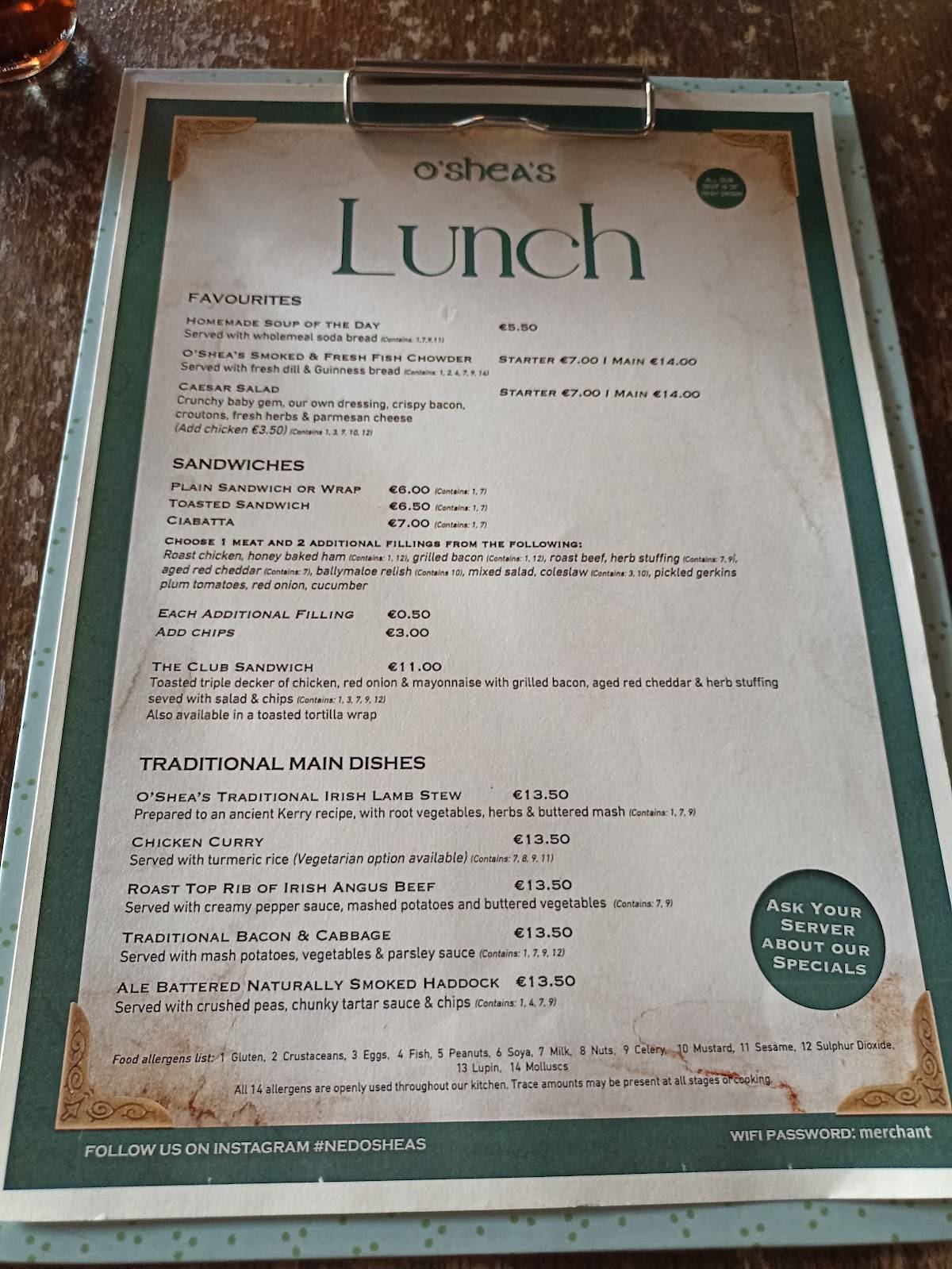 Menu at Ned O' Sheas pub & bar, Dublin