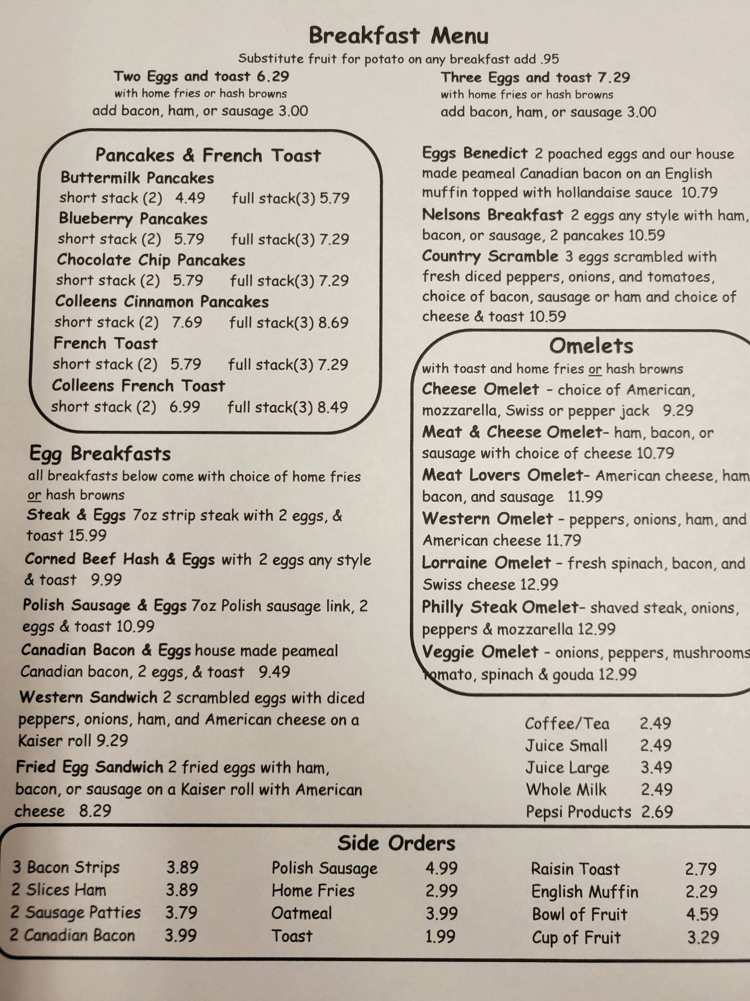 Menu at Nelsons Cafe, Niagara Falls