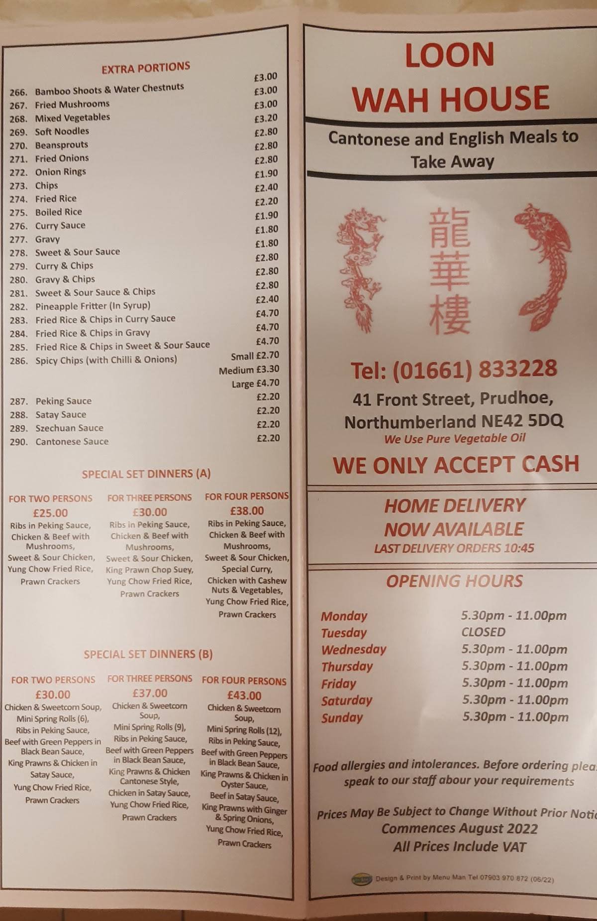 Menu at New Loon Wah fast food, Prudhoe