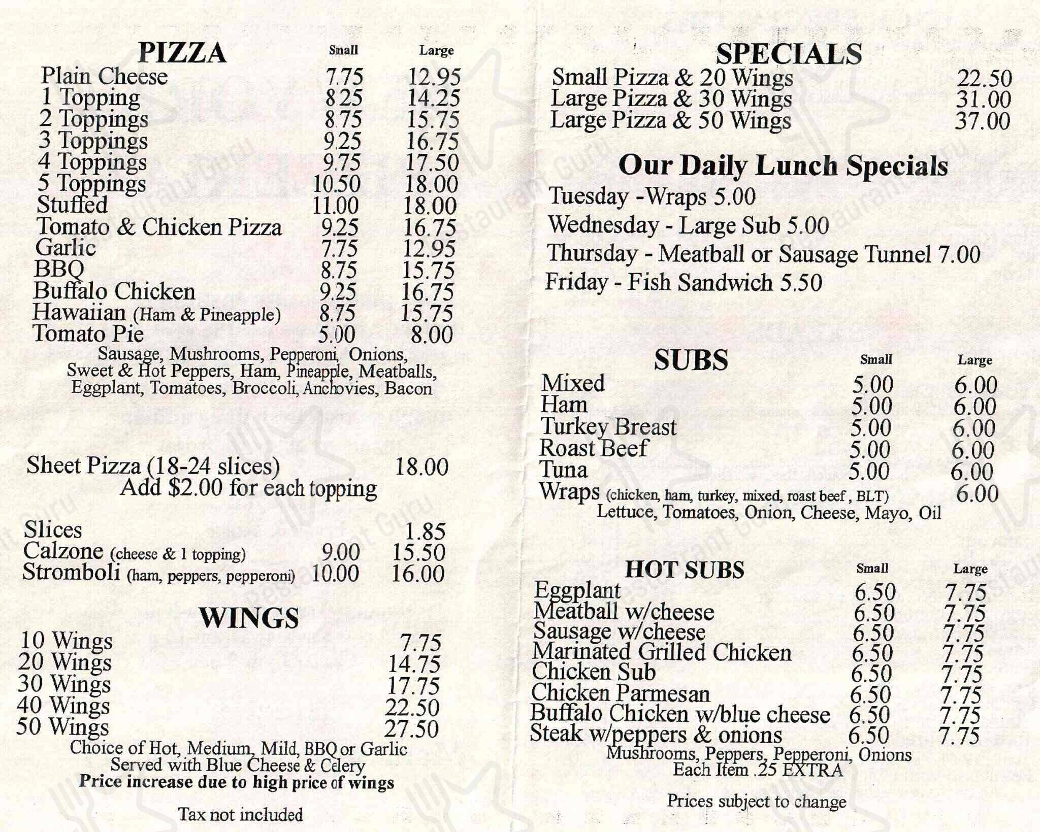 Menu at New York Pizzeria, Waterville, 111 W Main St