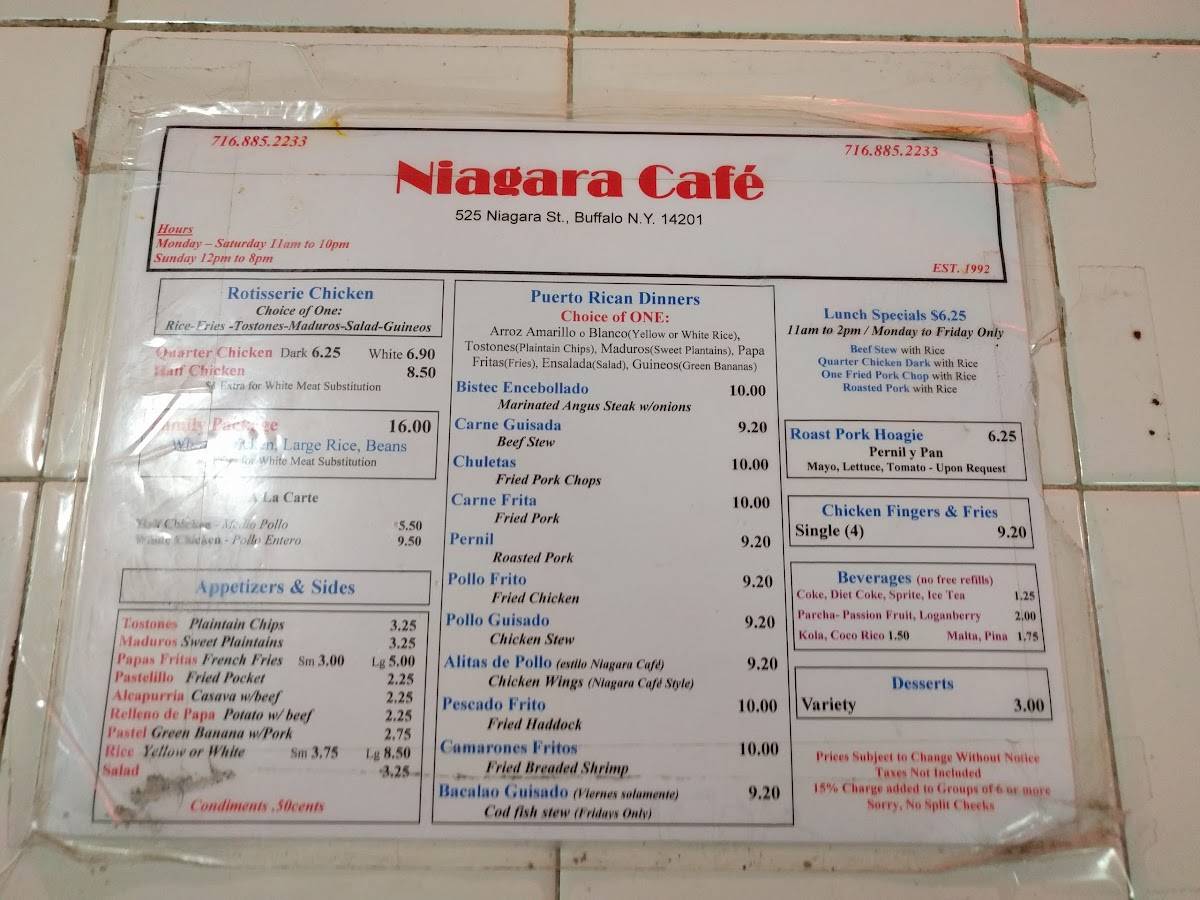 Menu at Niagara Cafe, Buffalo, 525 Niagara St