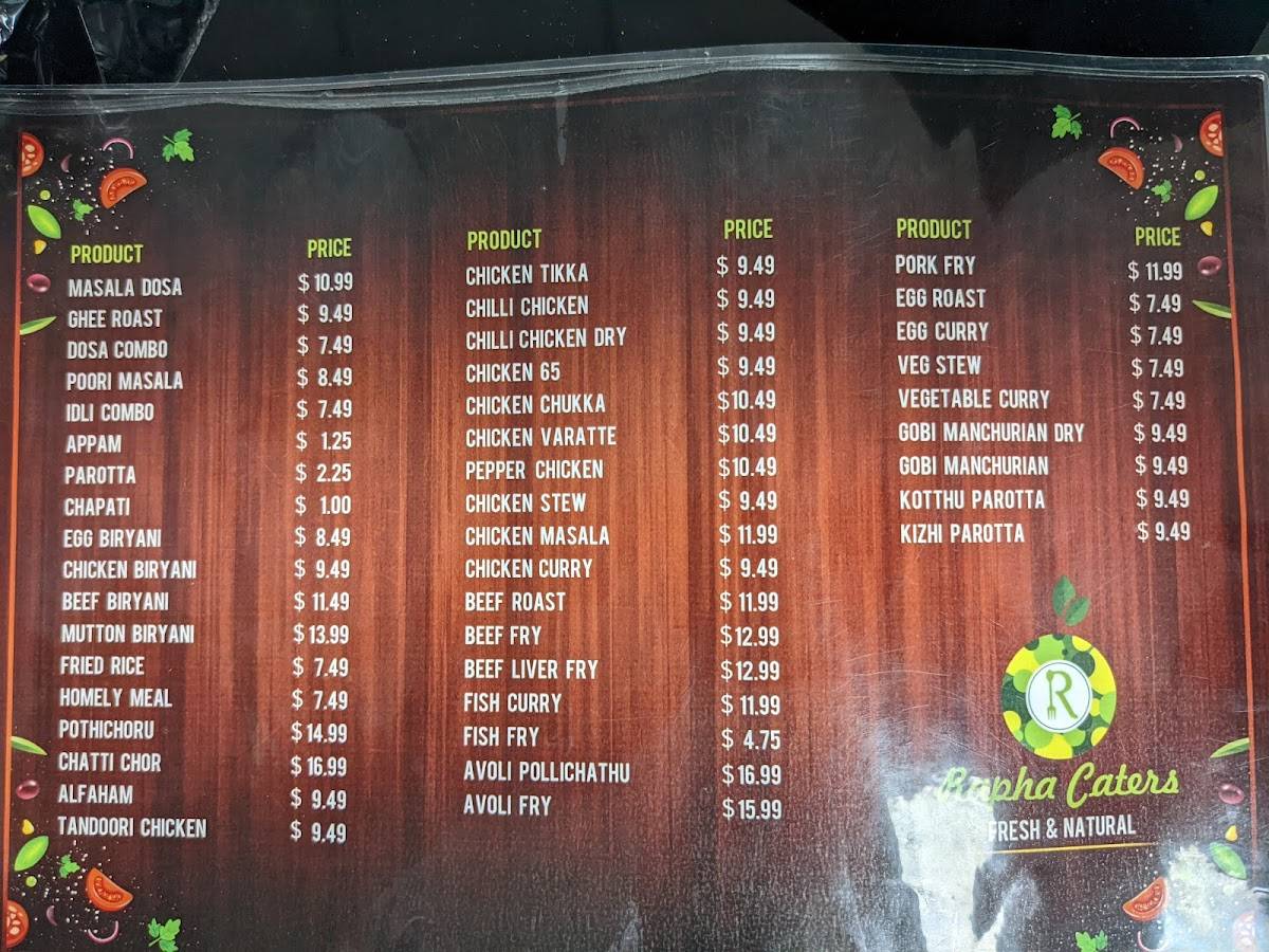 Carta de Rapha Kerala Restaurant - Authentic South Indian Cuisine ...