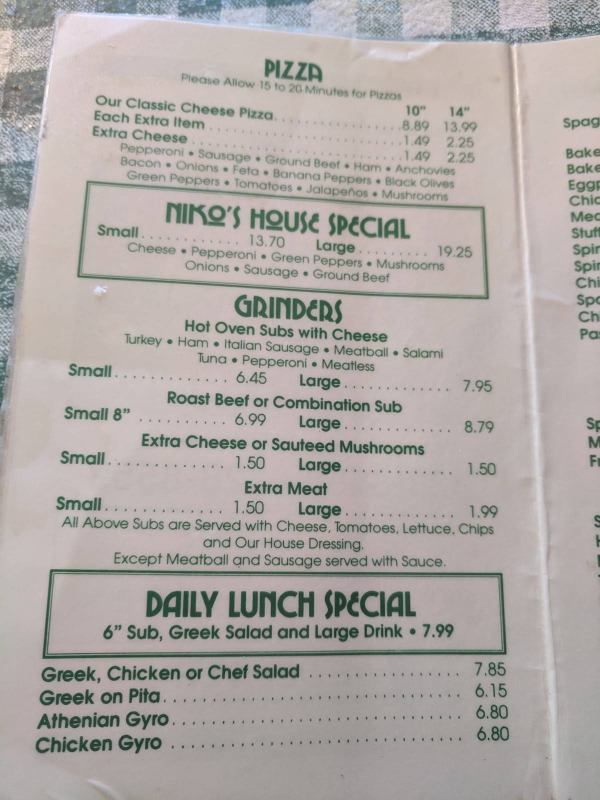 Menu at Niko's Pizza pizzeria, Palatka, 804 FL-19