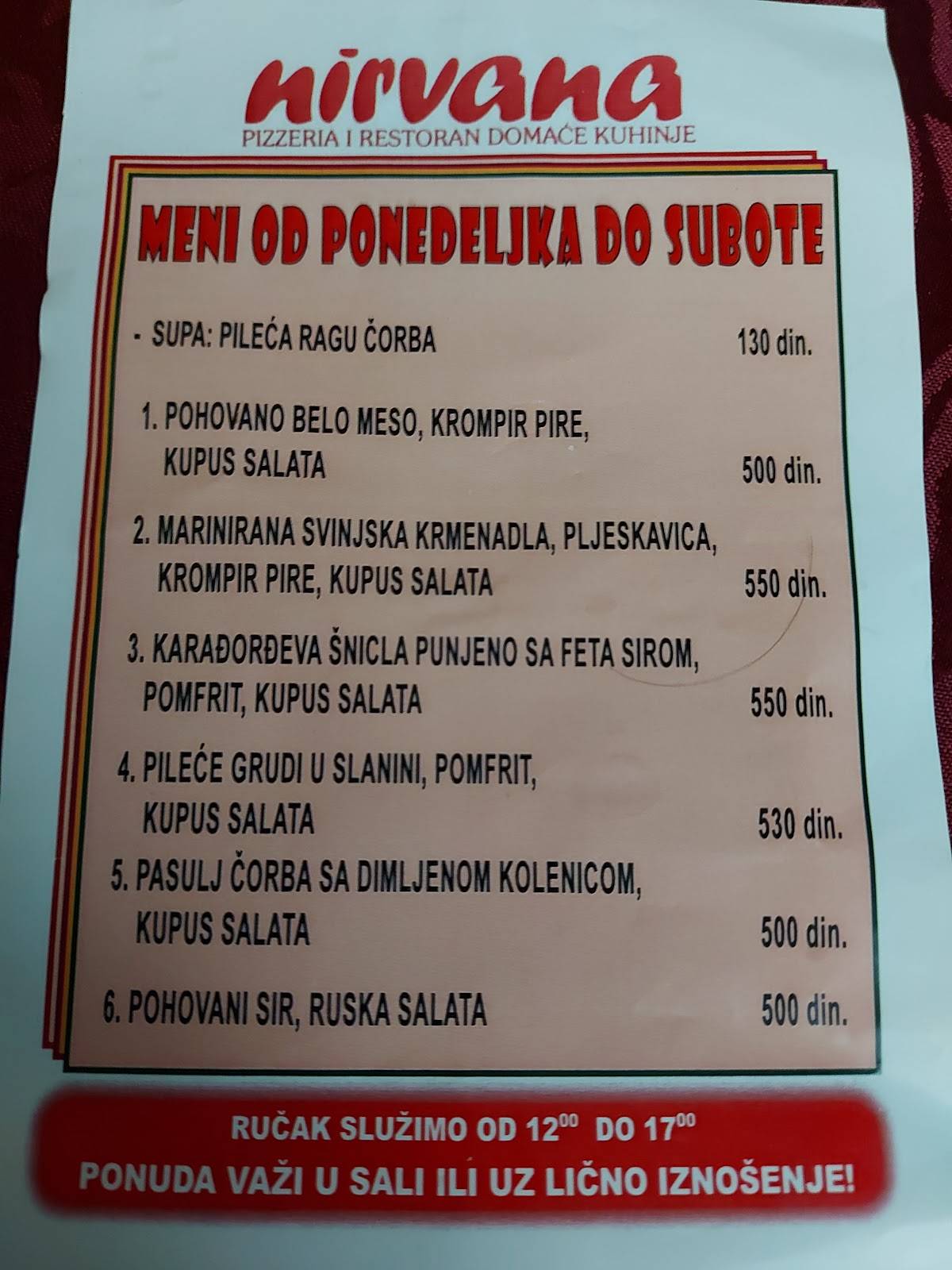 Menu at Nirvana restaurant, Subotica