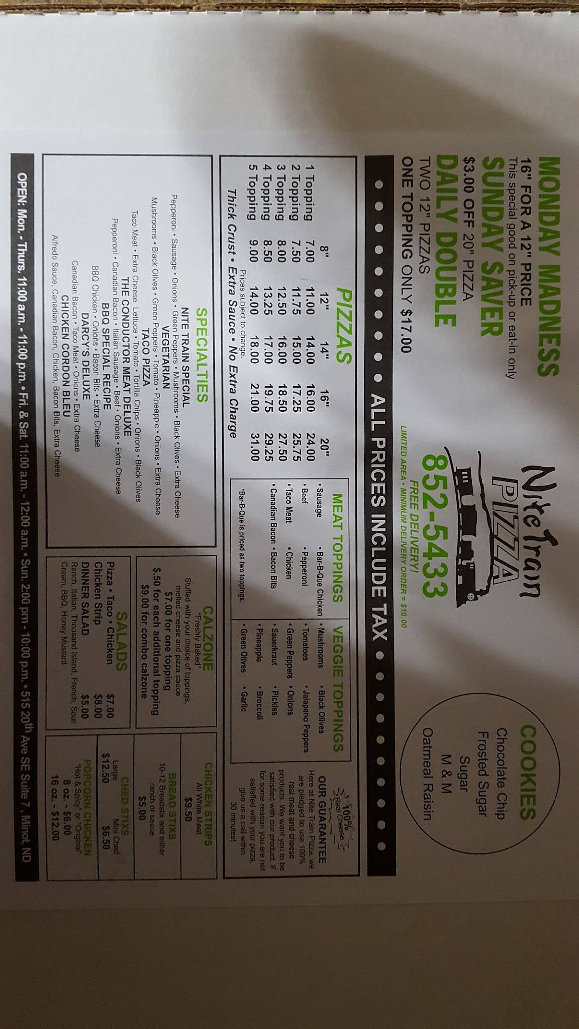Menu at Nite Train Pizza pizzeria, Minot, 515 20th Ave SE
