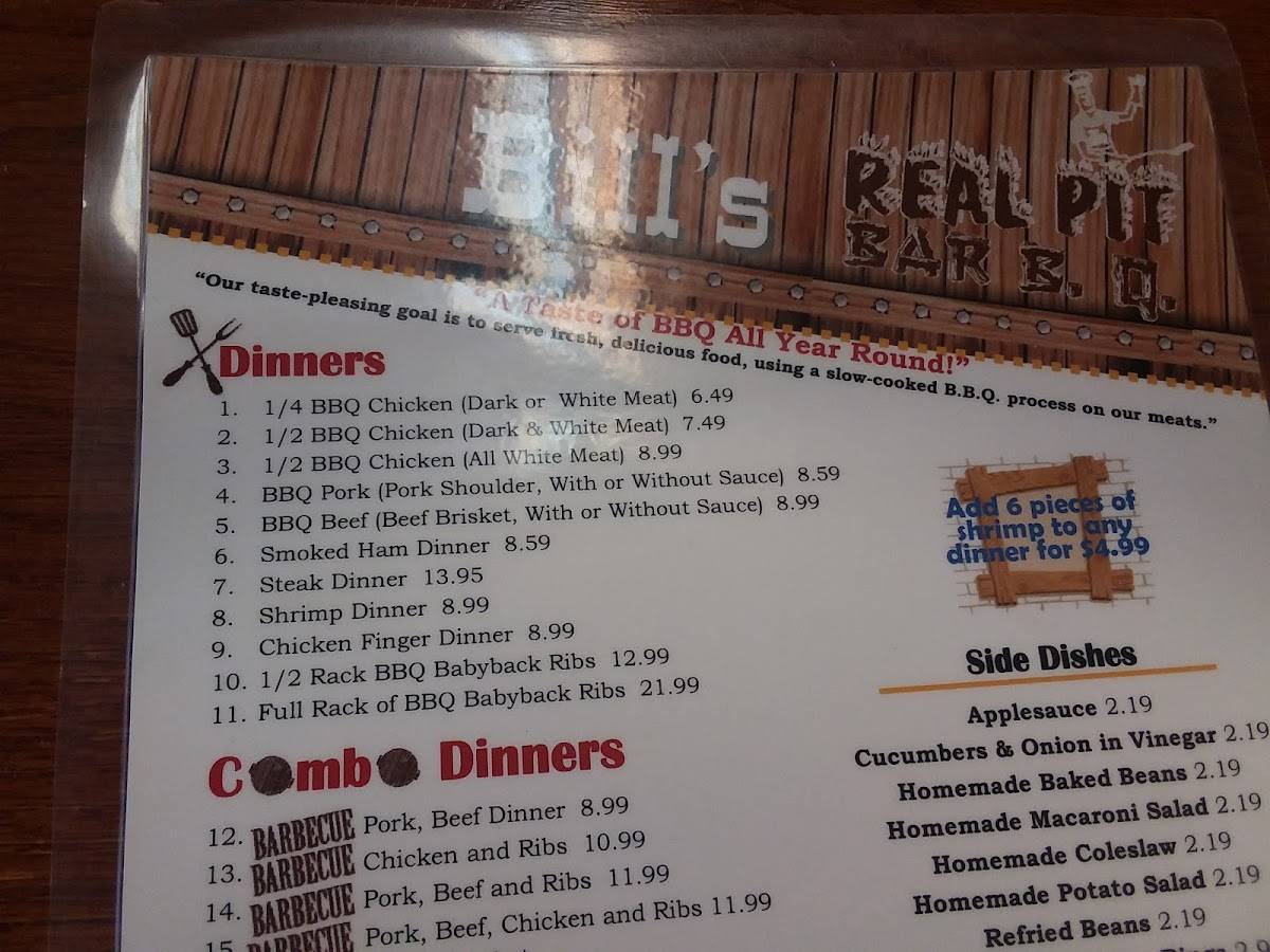 Menu at Bill's Real Pit BBQ, North Zanesville