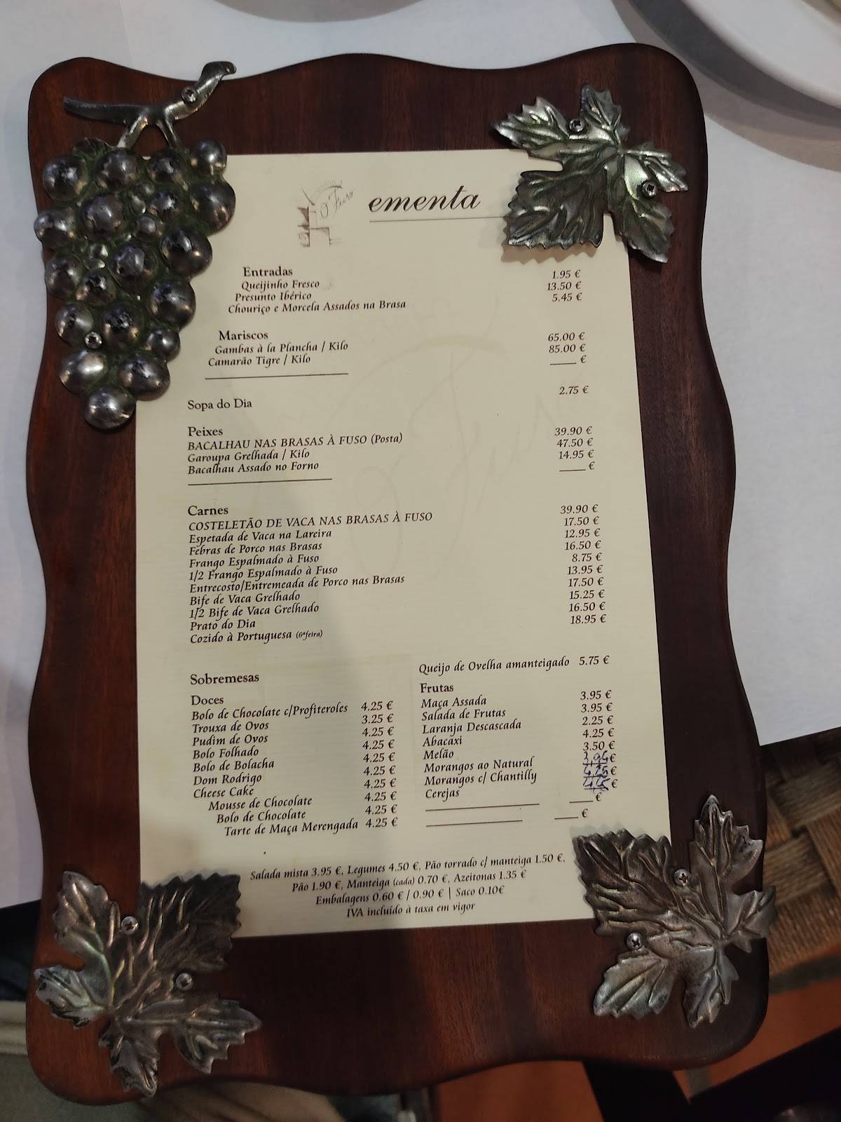 Menu em Restaurante O Fuso, Arruda dos Vinhos