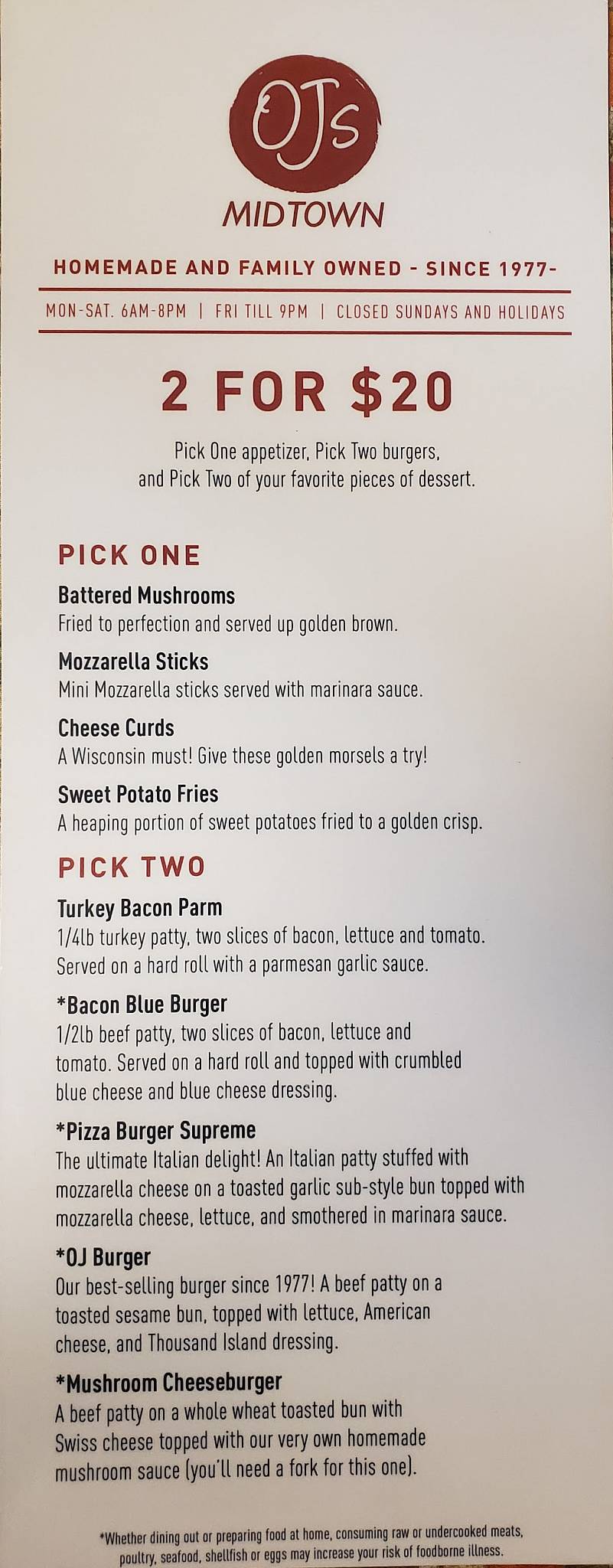 Menu at OJs Midtown Restaurant, Gillett