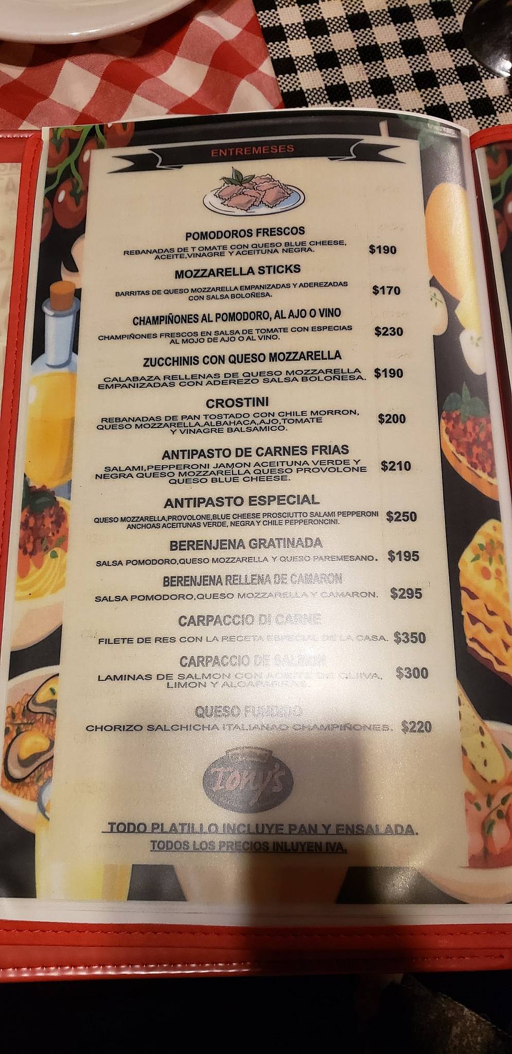 Carta de pizzería ORIGINAL TONY´S, Mexicali