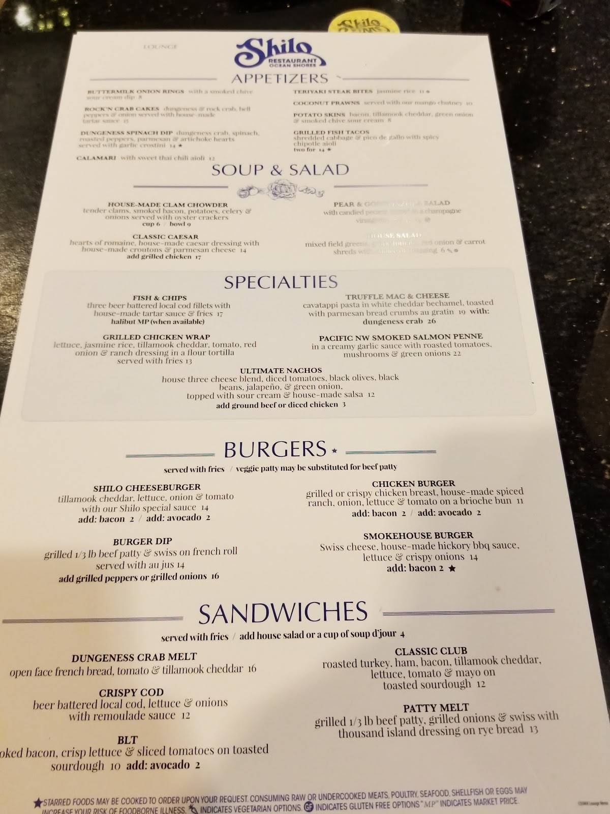 Menu at Shilo Restaurant Ocean Shores, Ocean Shores