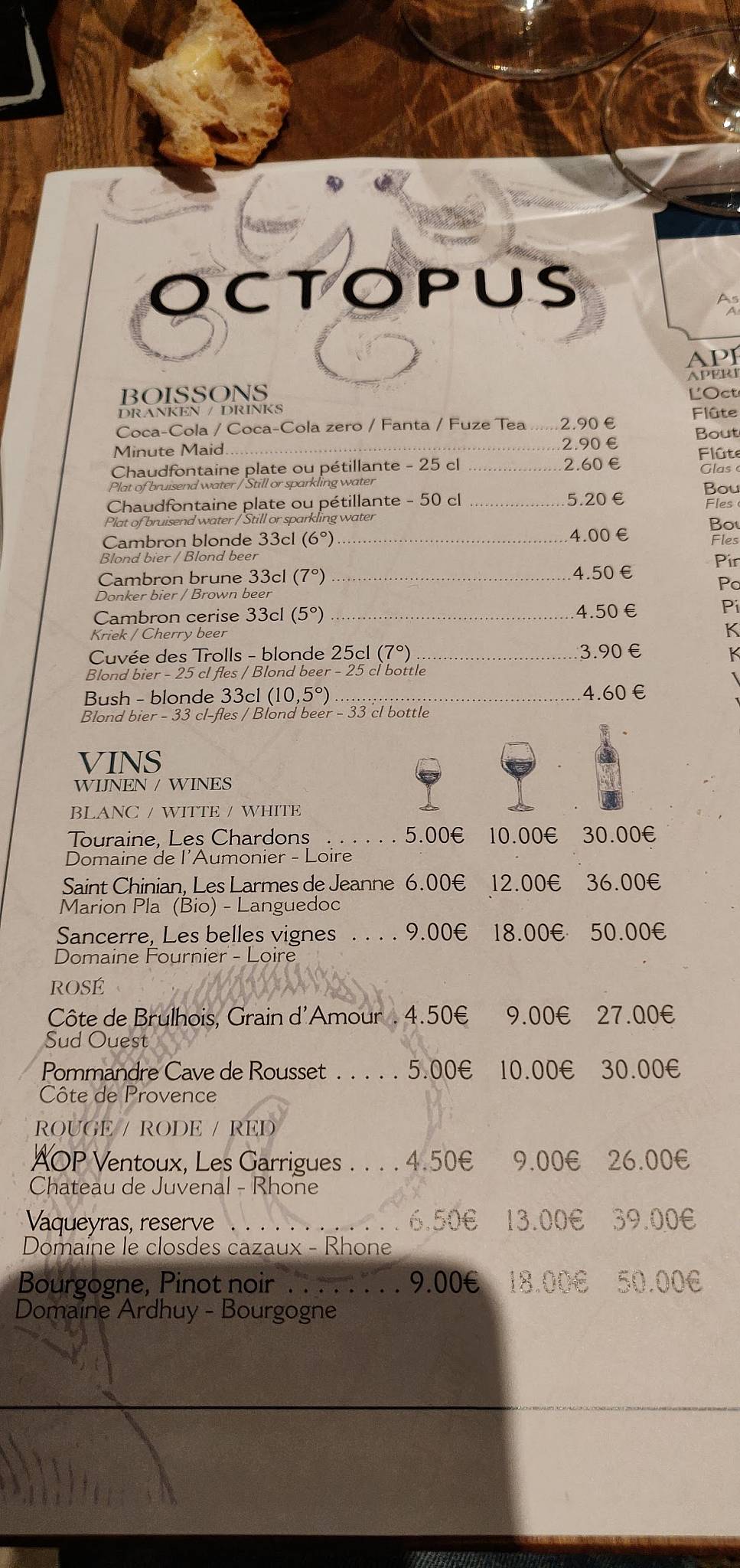 Menu au Octopus Restaurant, Brugelette, The Paddling Bear Hotel
