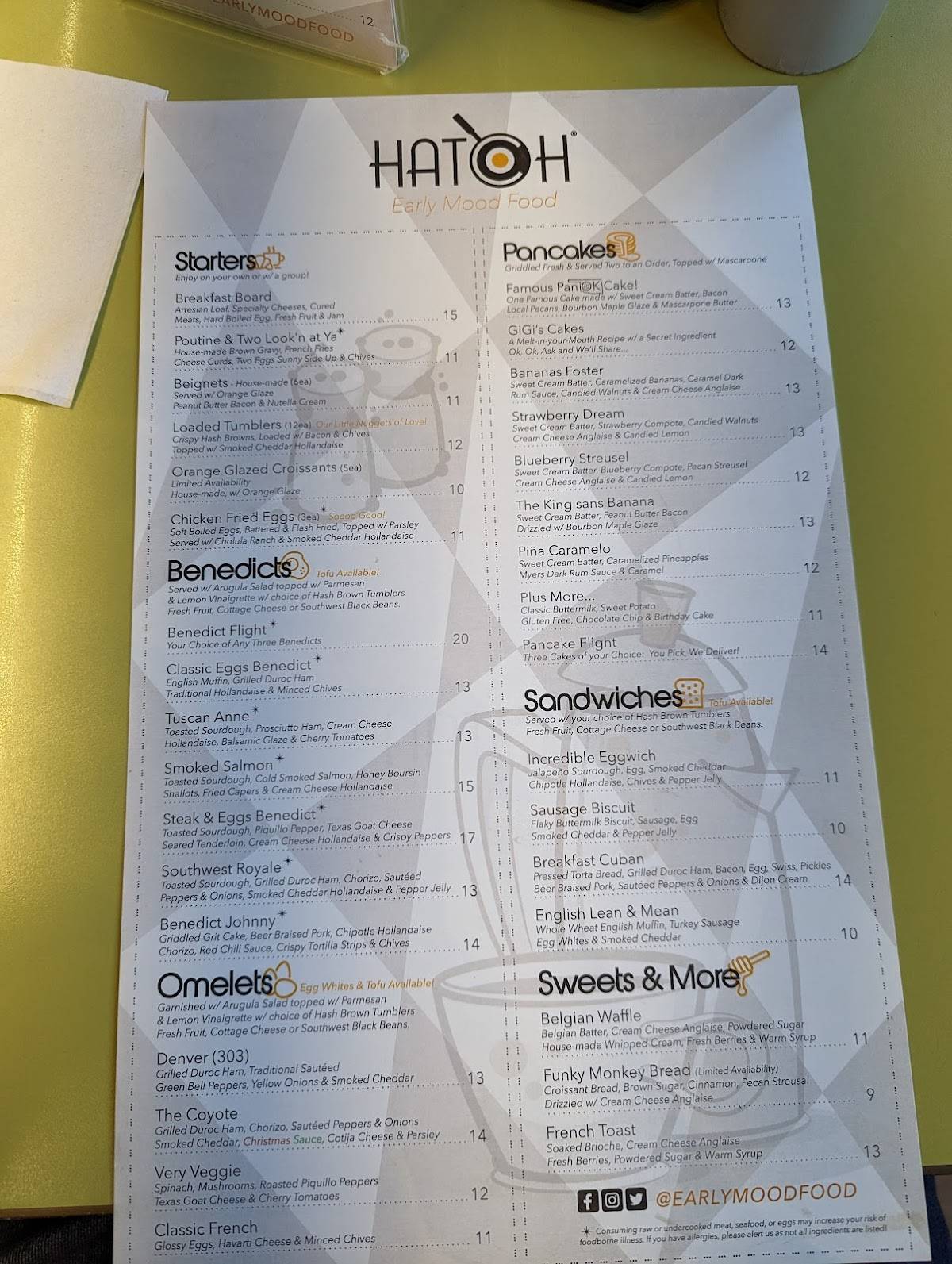 Menu at Hatch Early Mood Food restaurant, Oklahoma City, 1101 N ...