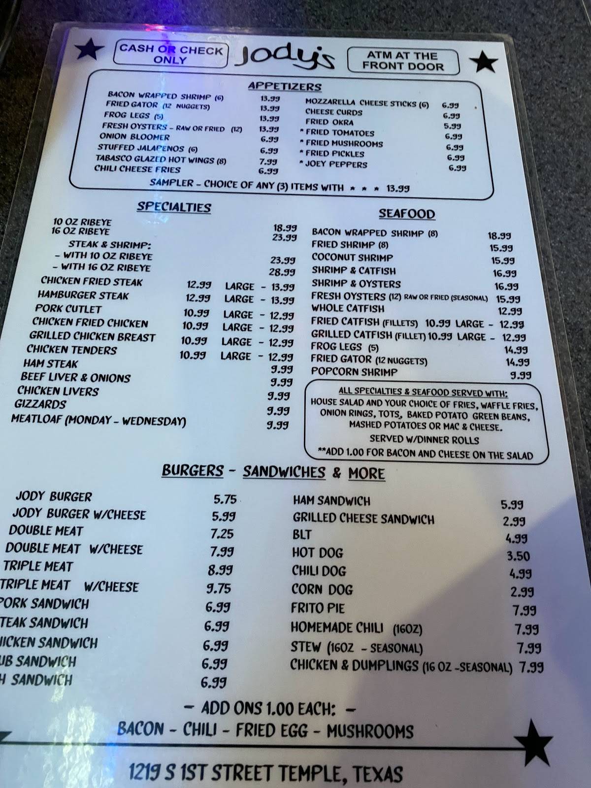 Menu at Old Jody's Restaurant, Temple
