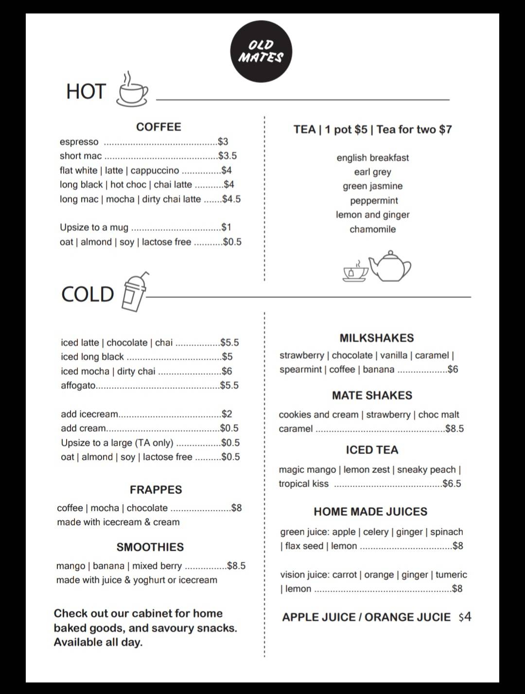 Menu at Old Mates Cafe, Kalamunda