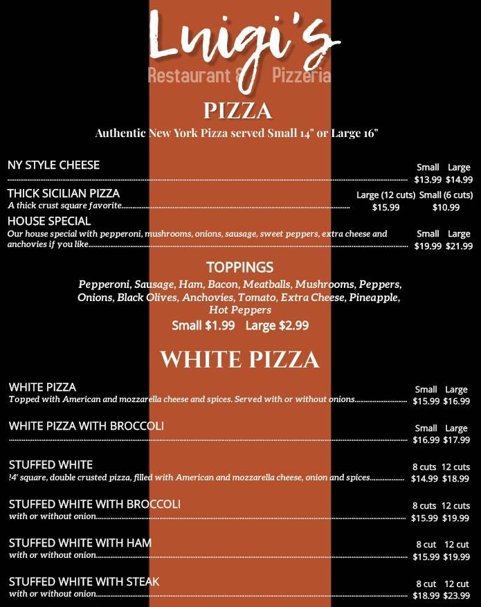 Menu at Luigi's Pizza pizzeria, Olyphant