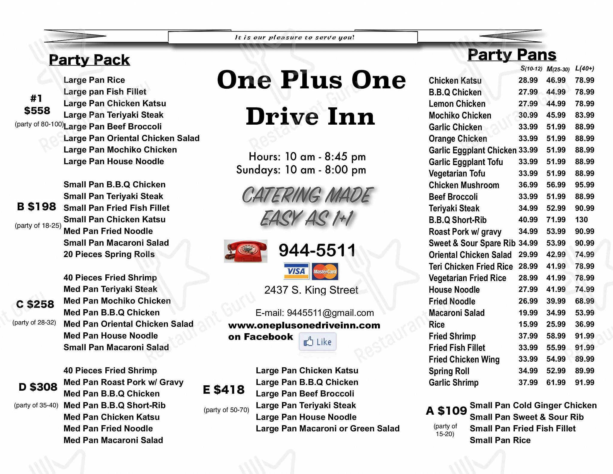 Menu at One Plus One Drive Inn BBQ, Honolulu