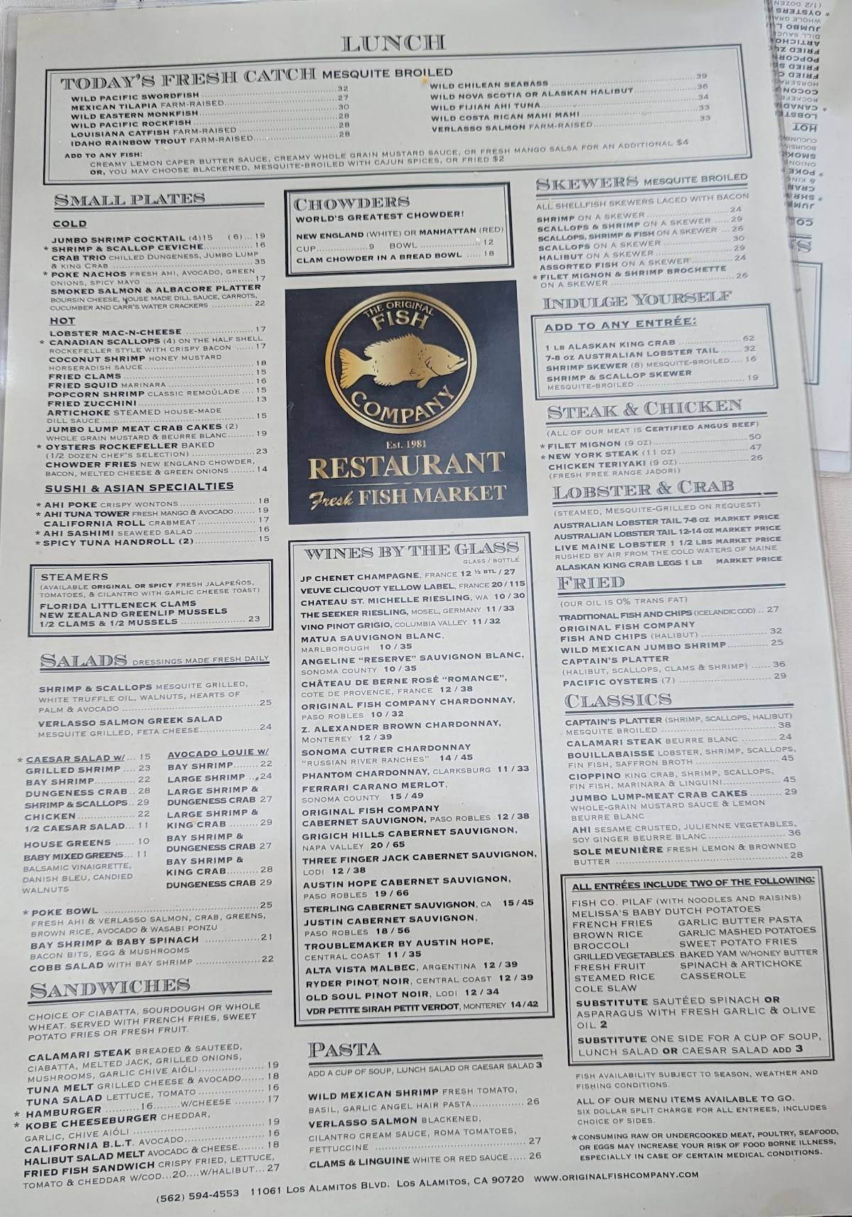Menu at Original Fish Co. restaurant, Los Alamitos