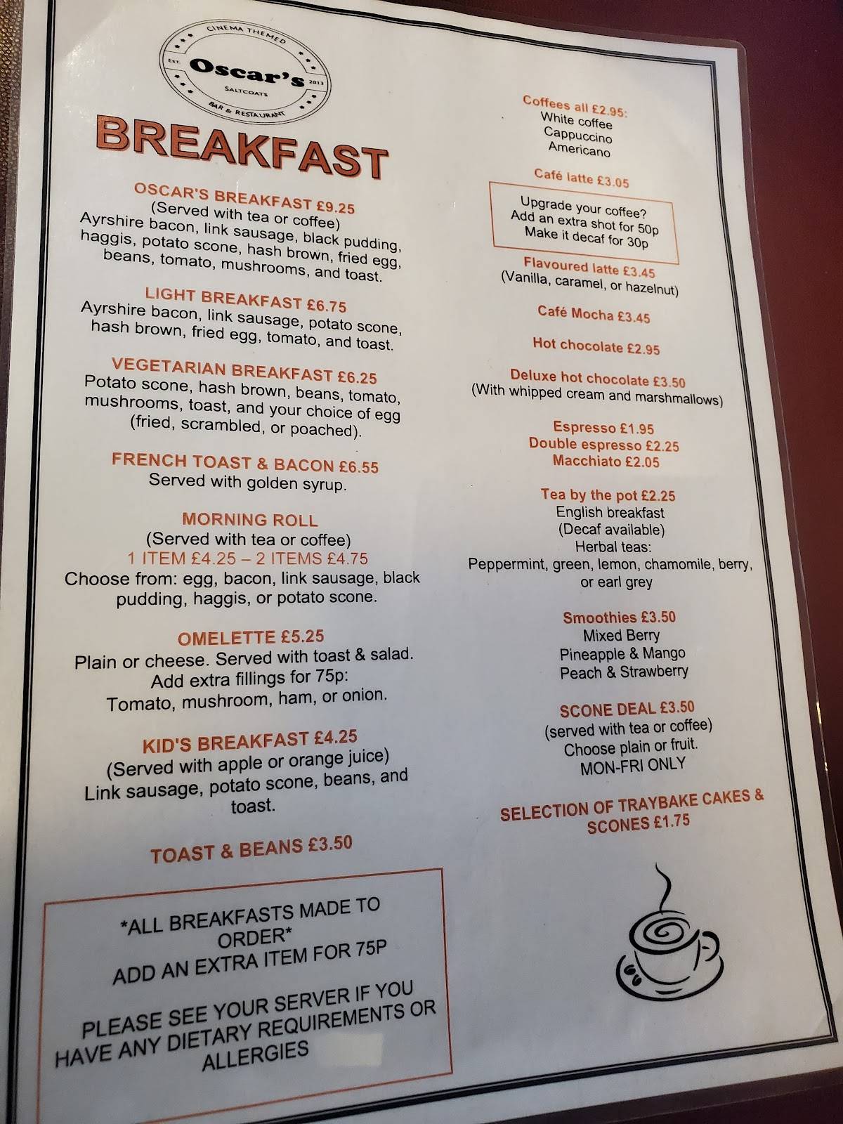 Menu at Oscar's Cafe Bar Restaurant, Saltcoats