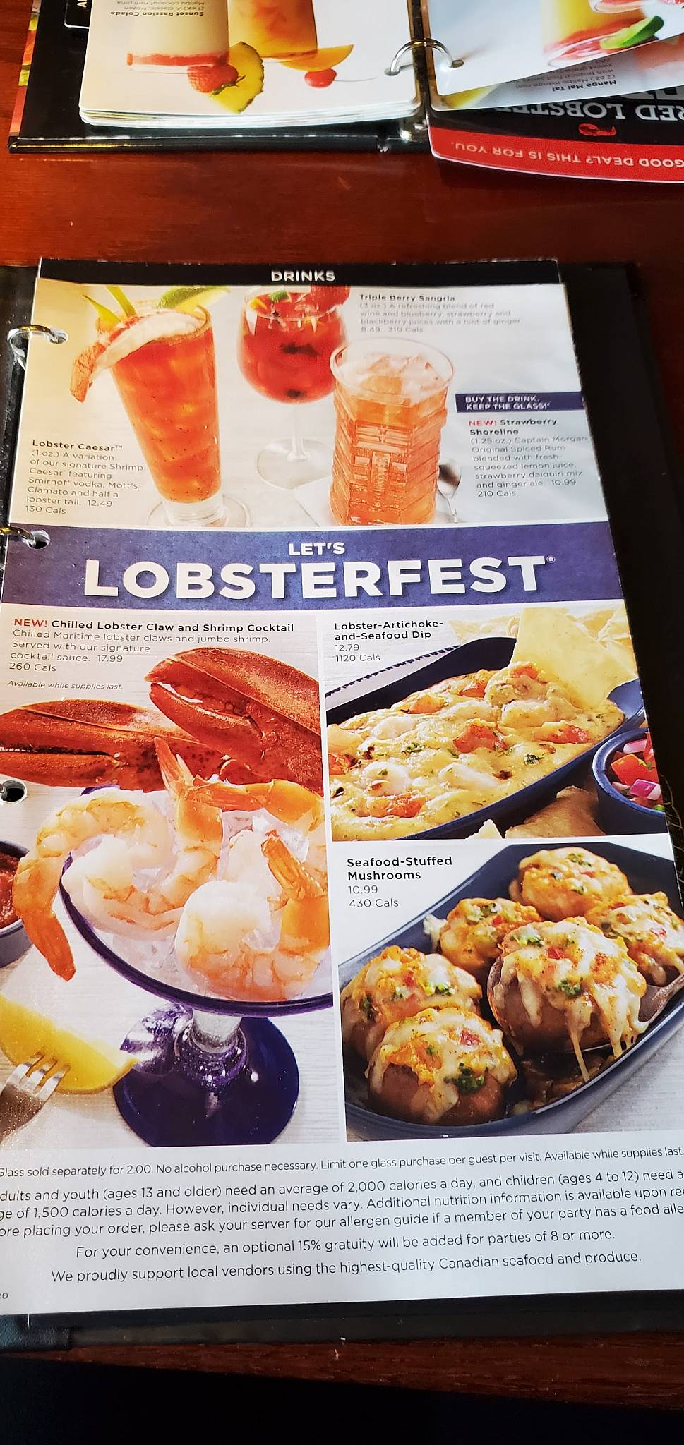Menu at Red Lobster restaurant, Ottawa, St. Laurent Blvd