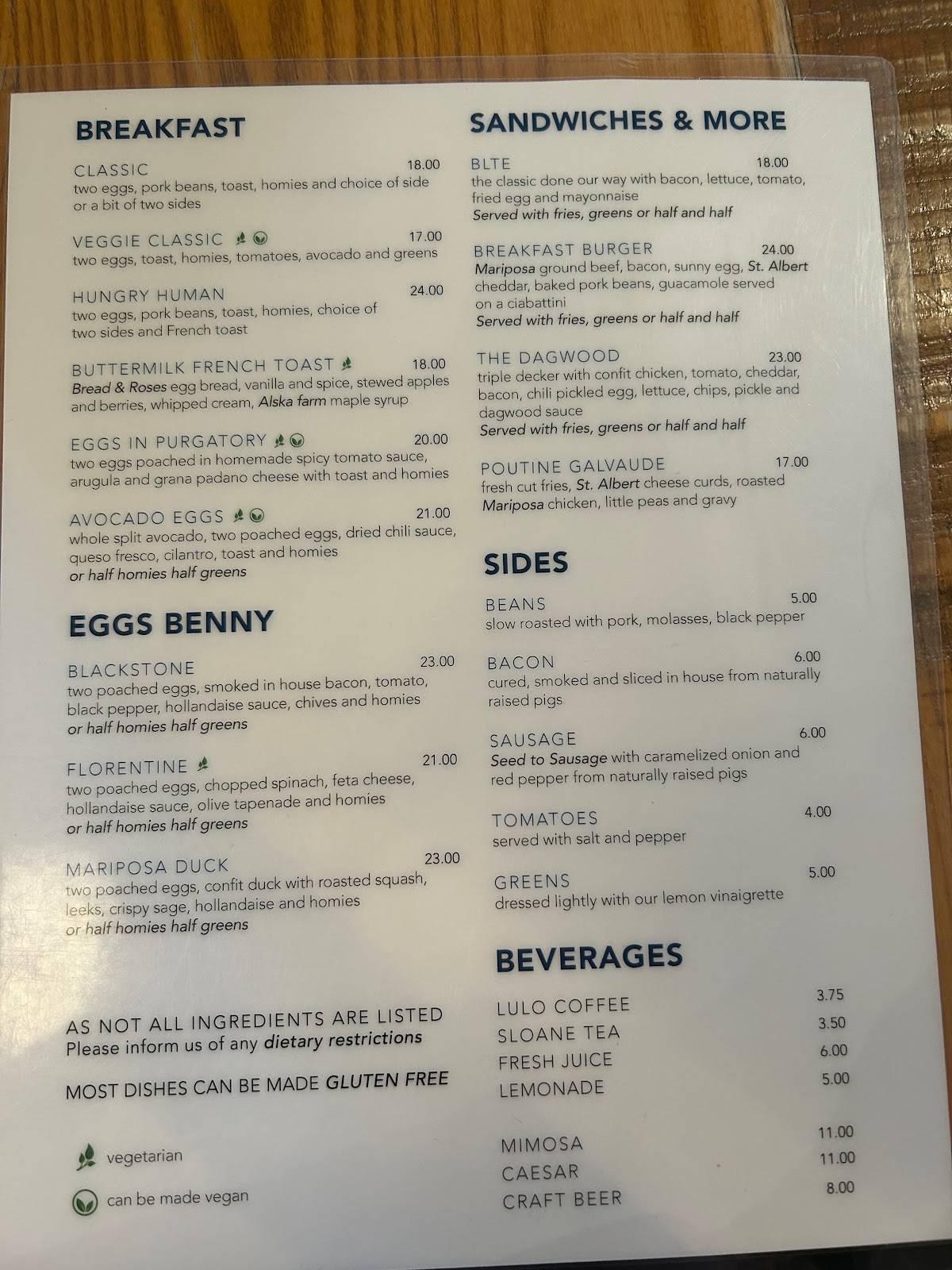 Menu at Wilf & Ada's (No Reservations) restaurant, Ottawa