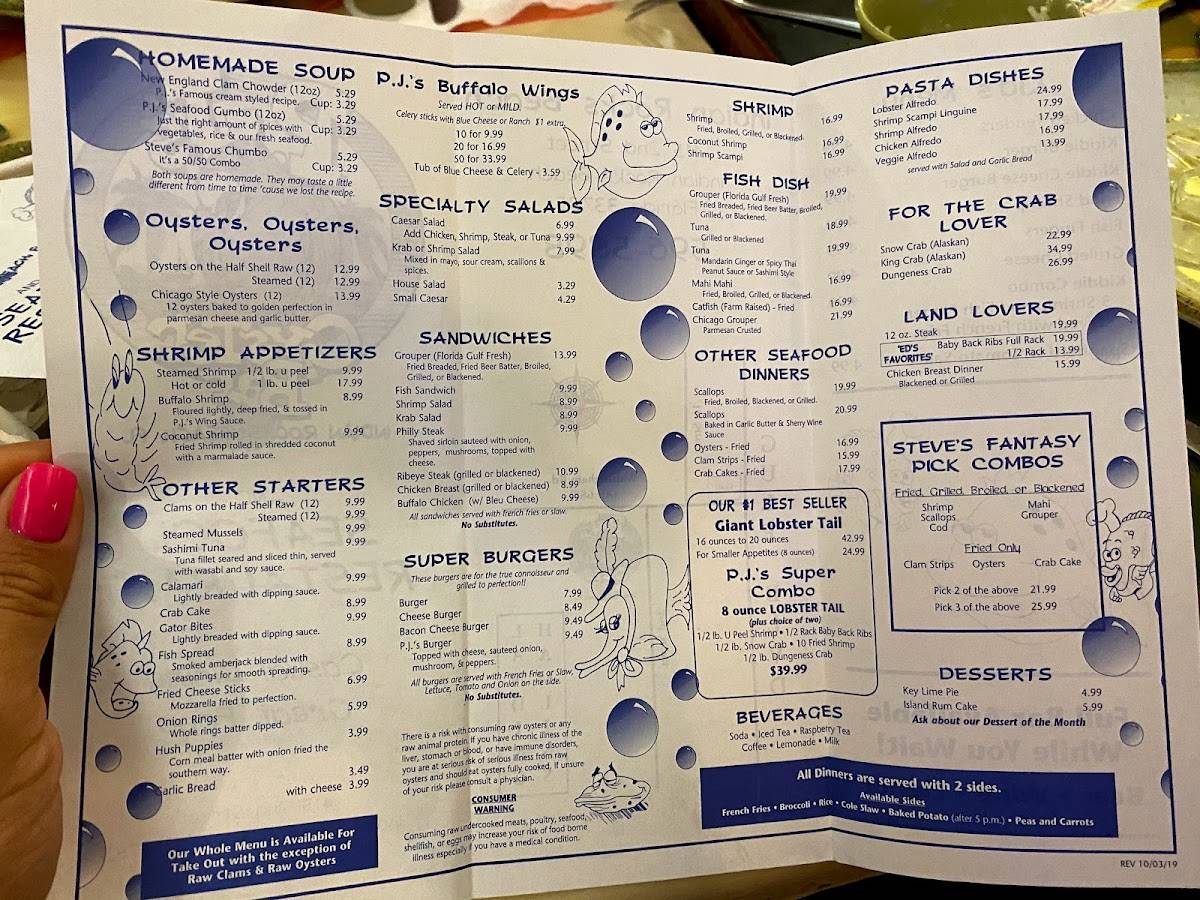 Menu at P.J.'s Oyster Bar, Indian Rocks Beach