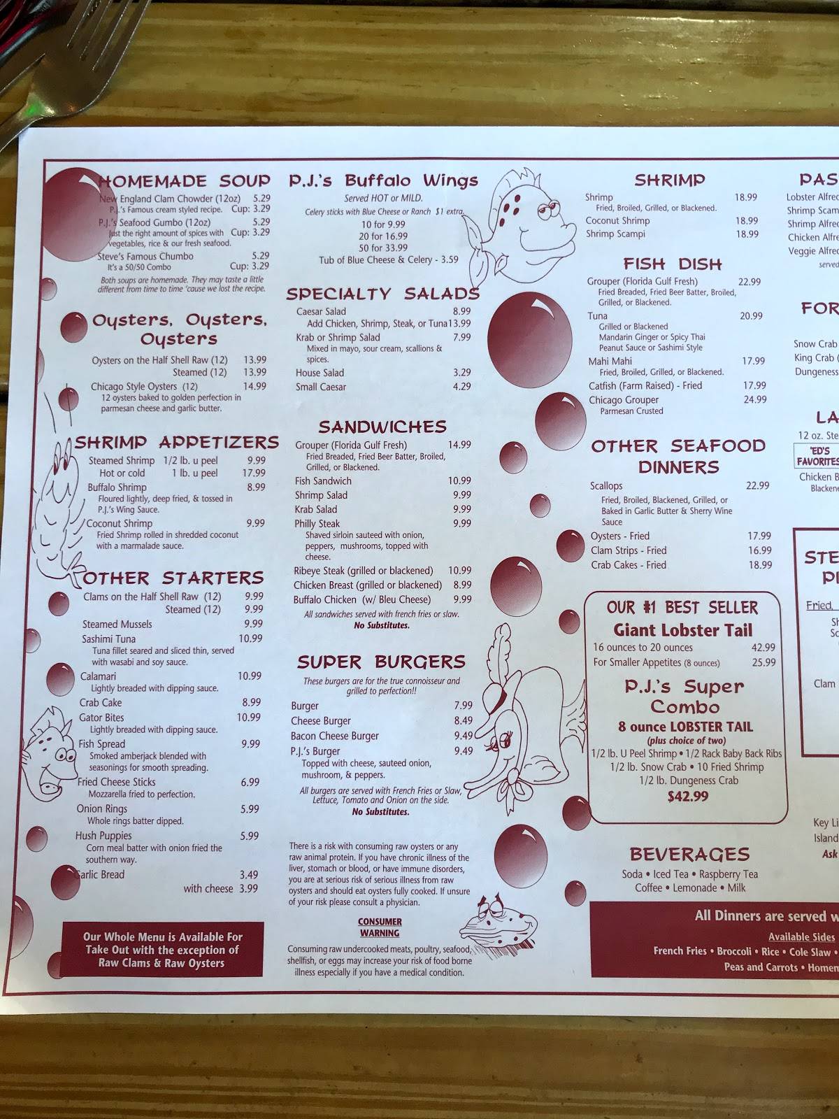 Menu at P.J.'s Oyster Bar, Indian Rocks Beach