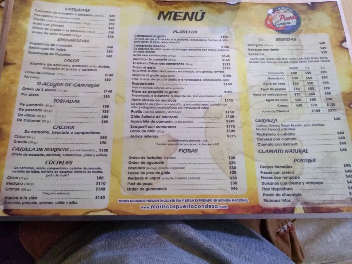 Menu at PUERTO CONDESA restaurant, Mexico City
