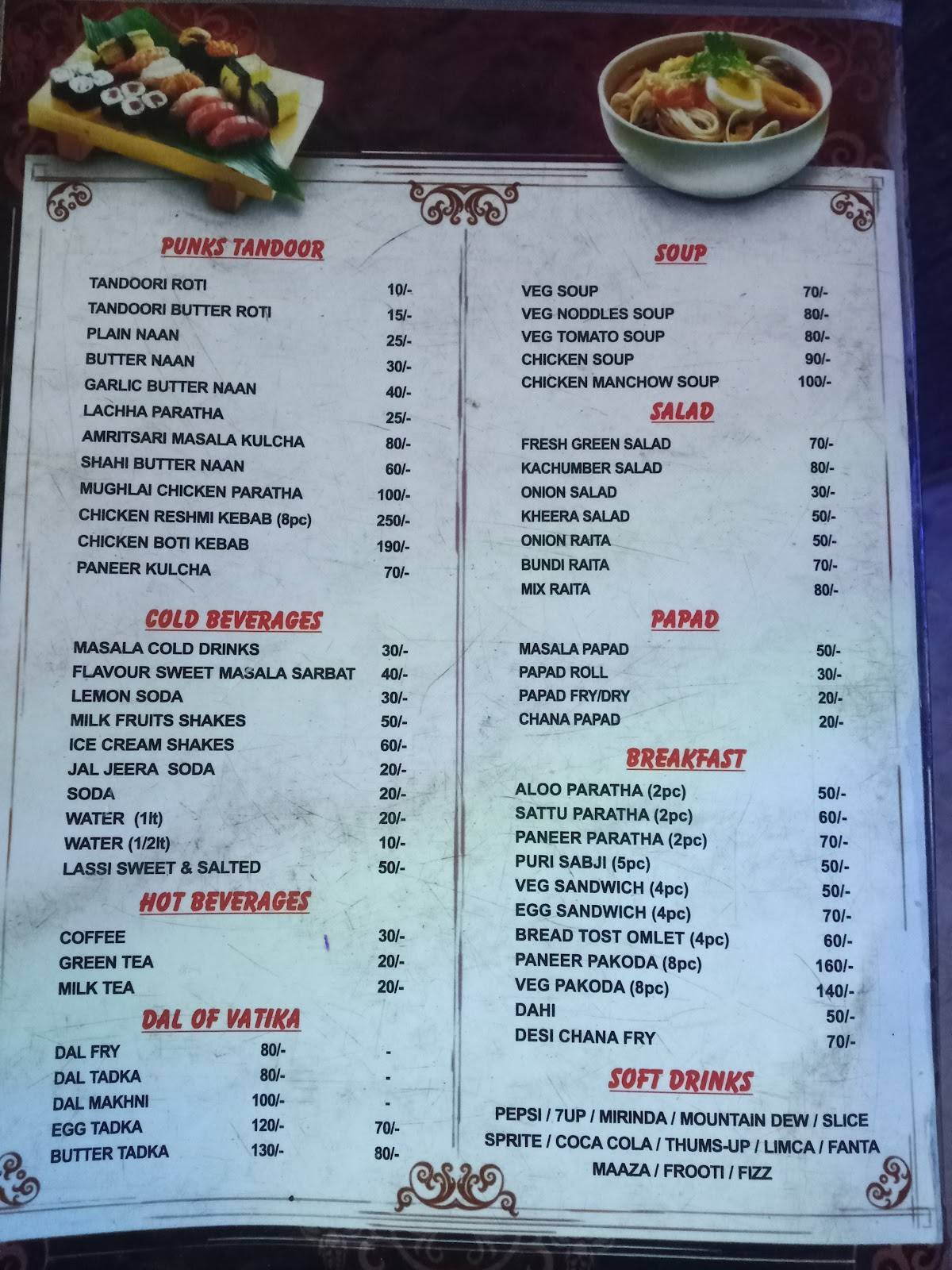 Menu at PUNKS VATIKA RESTAURANT & BAR, Baghmara