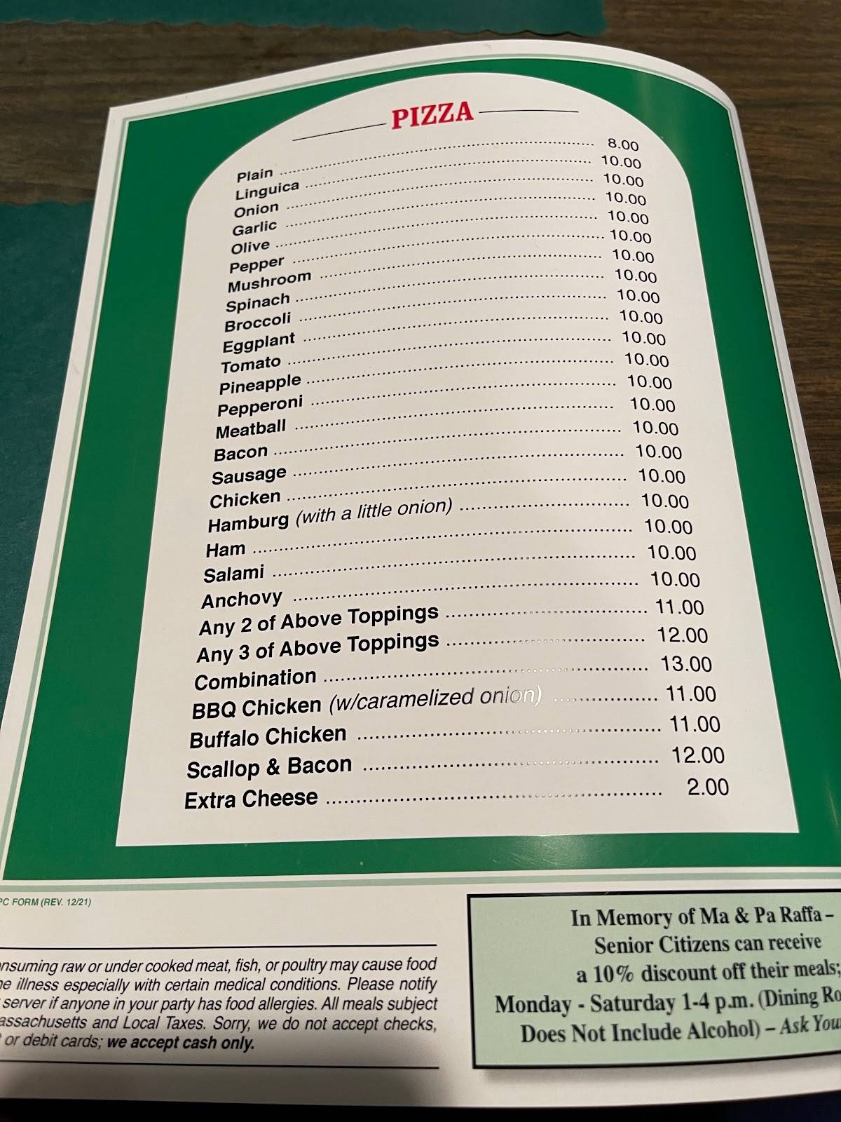 Menu at Pa Raffa's Italian Restaurant, New Bedford