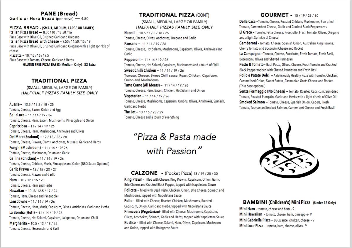 Menu at Paesano Pizza & Pasta pizzeria, West Hobart, 108 Lansdowne Cres