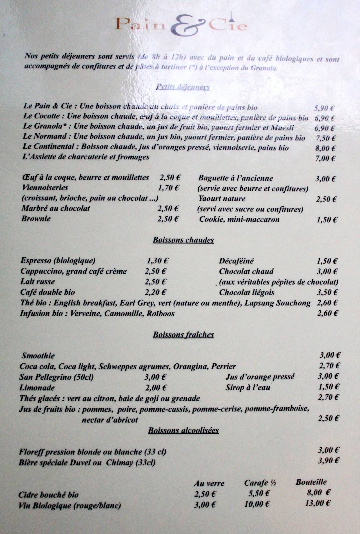Carta del café Pain&Cie, Grenoble
