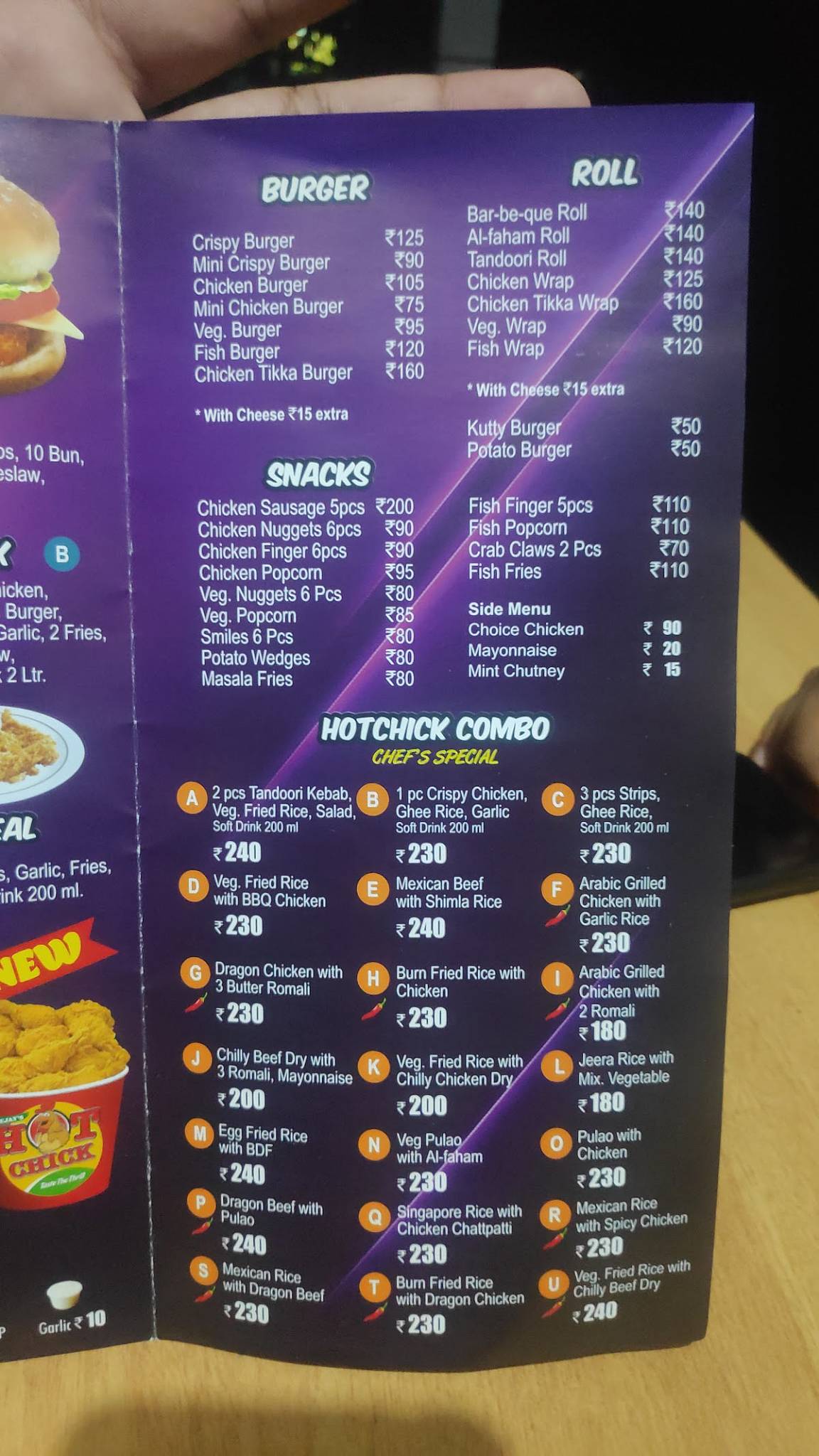 Menu at Peejay's Hot Chick, Pala