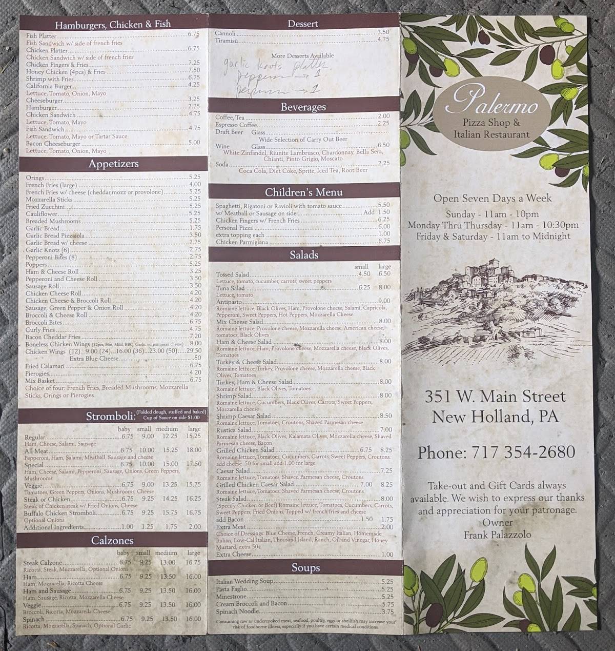 Menu at Palermo Pizza & Italian Restaurant, New Holland
