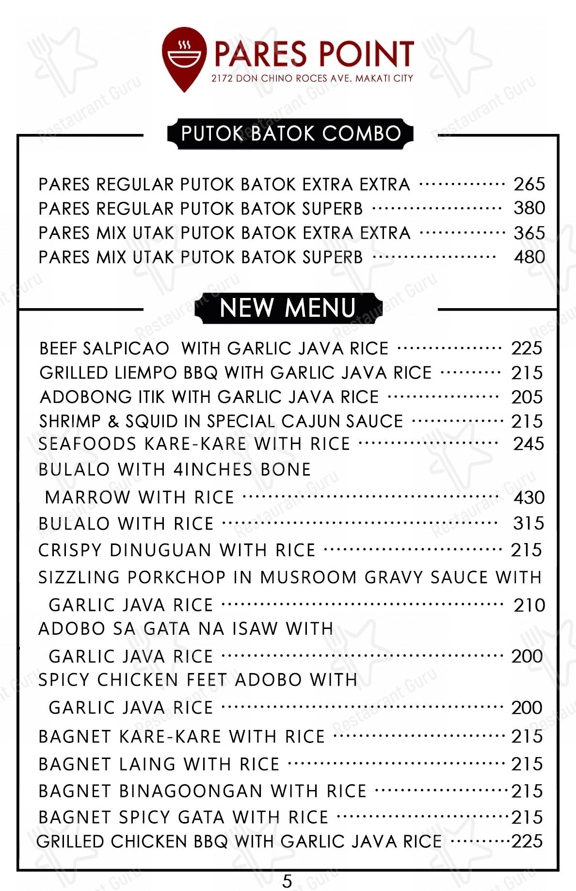 Menu at Pares Point Grill and Resto Bar, Makati