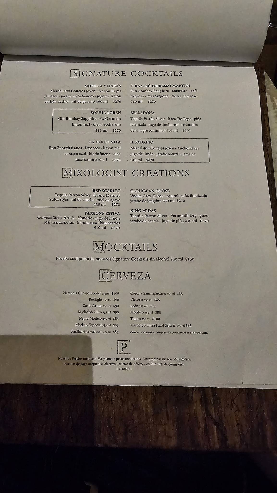 Carta de Parole Restaurante Italiano en Polanco, Ciudad López Mateos