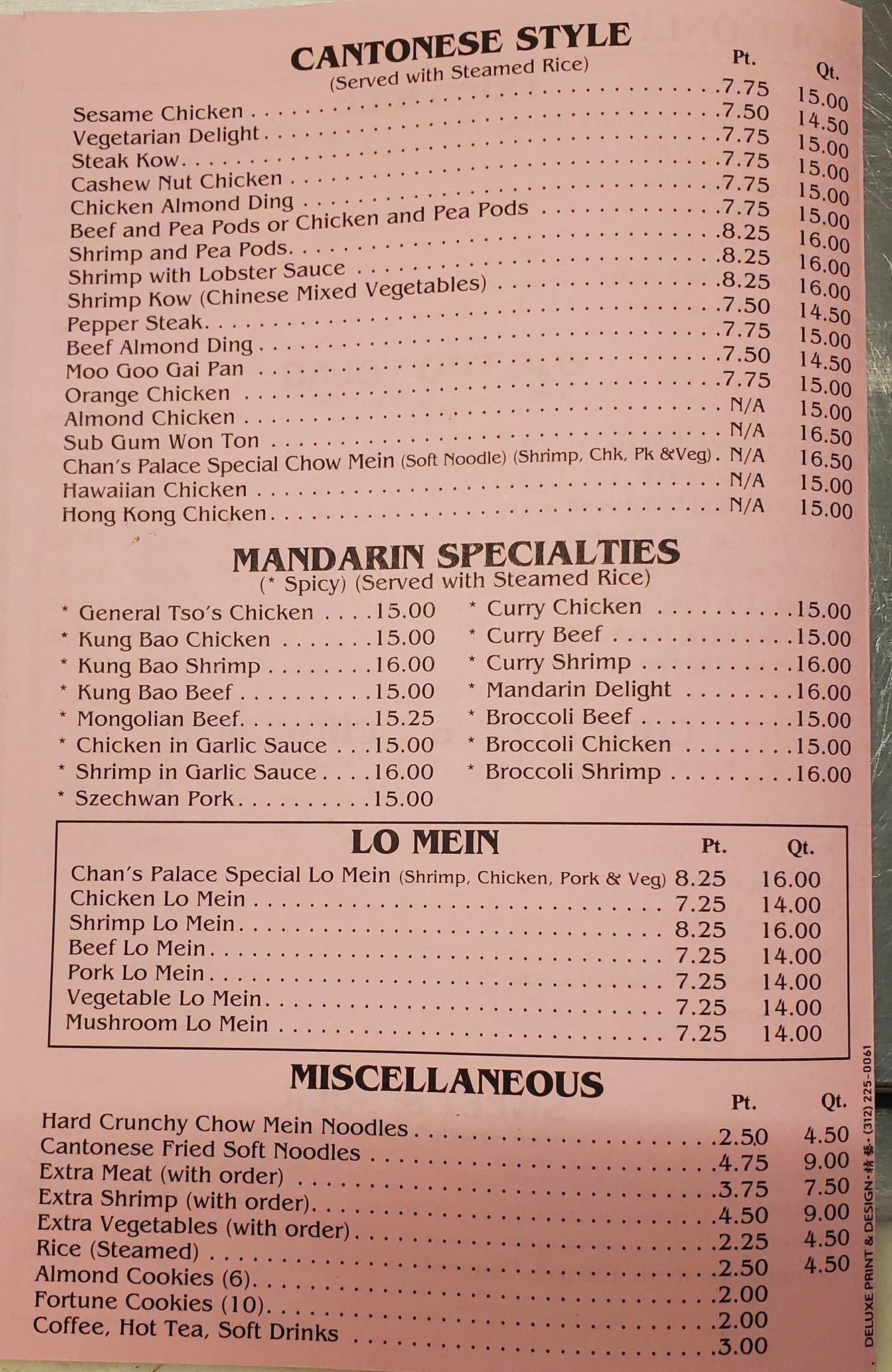 Menu at Chan's Palace restaurant, Paw Paw