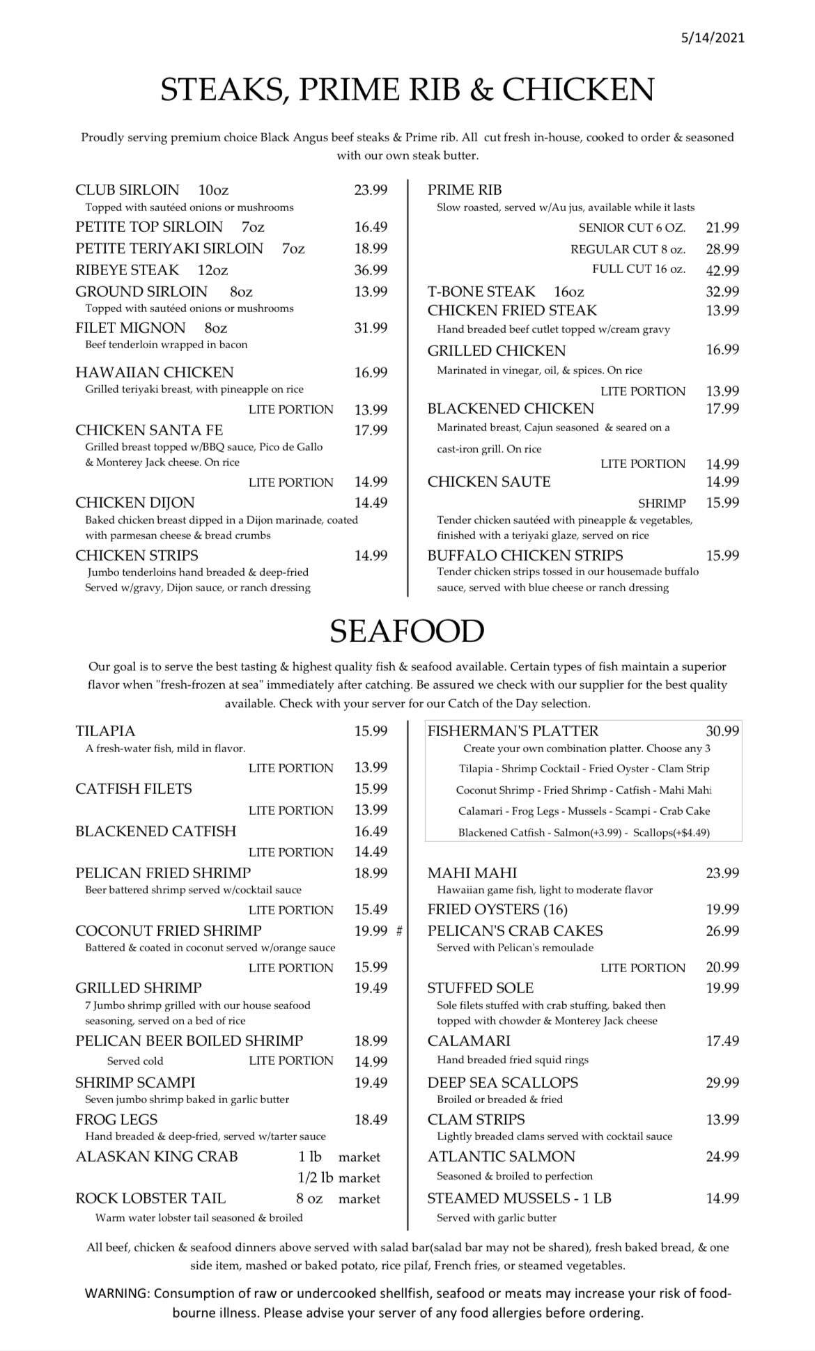 Menu at Pelican's Restaurant, Midwest City