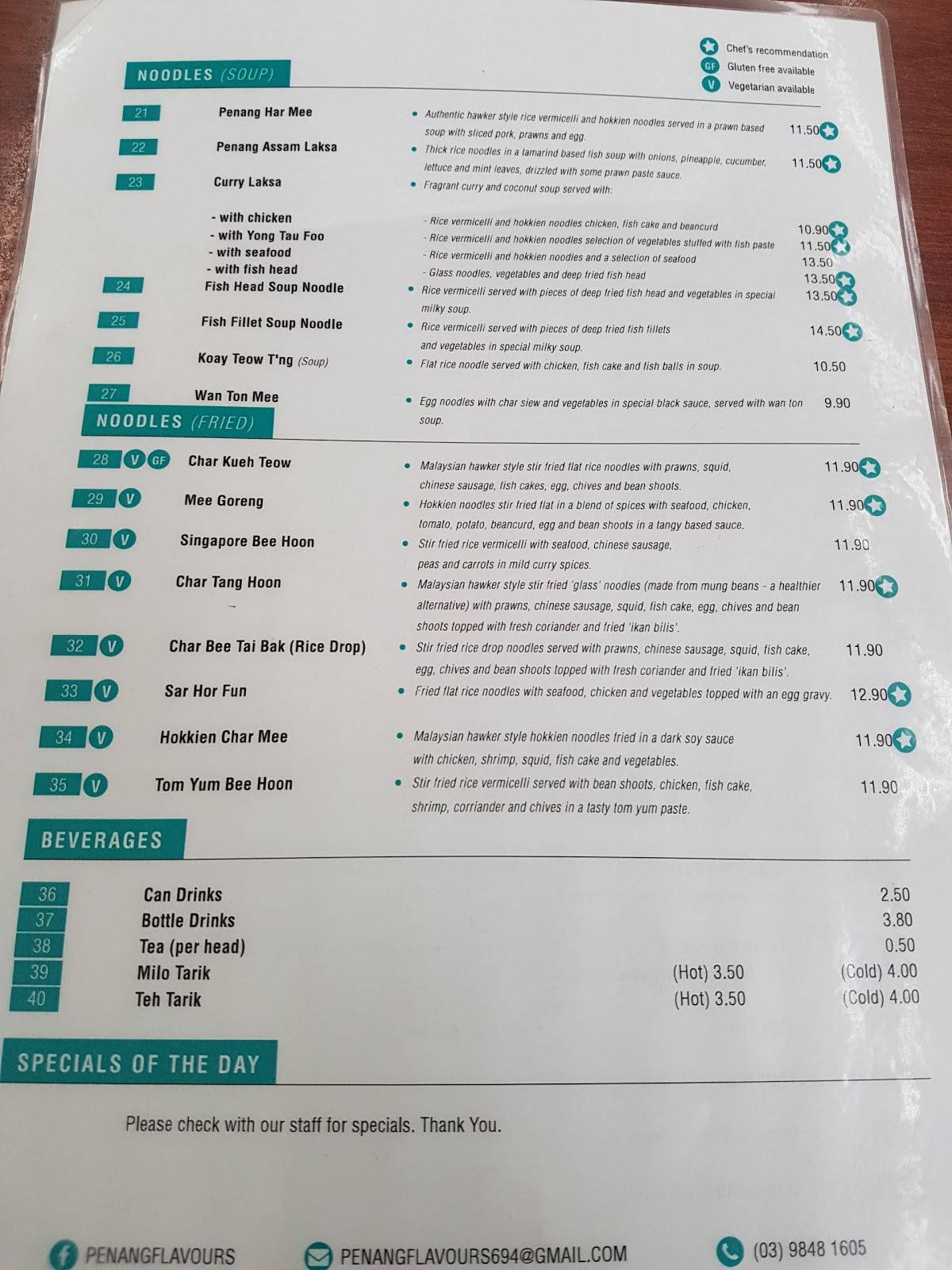 Menu at Penang Flavours restaurant, Templestowe