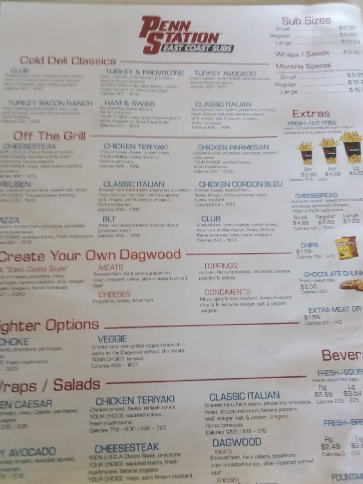 Menu at Penn Station East Coast Subs, Dallas