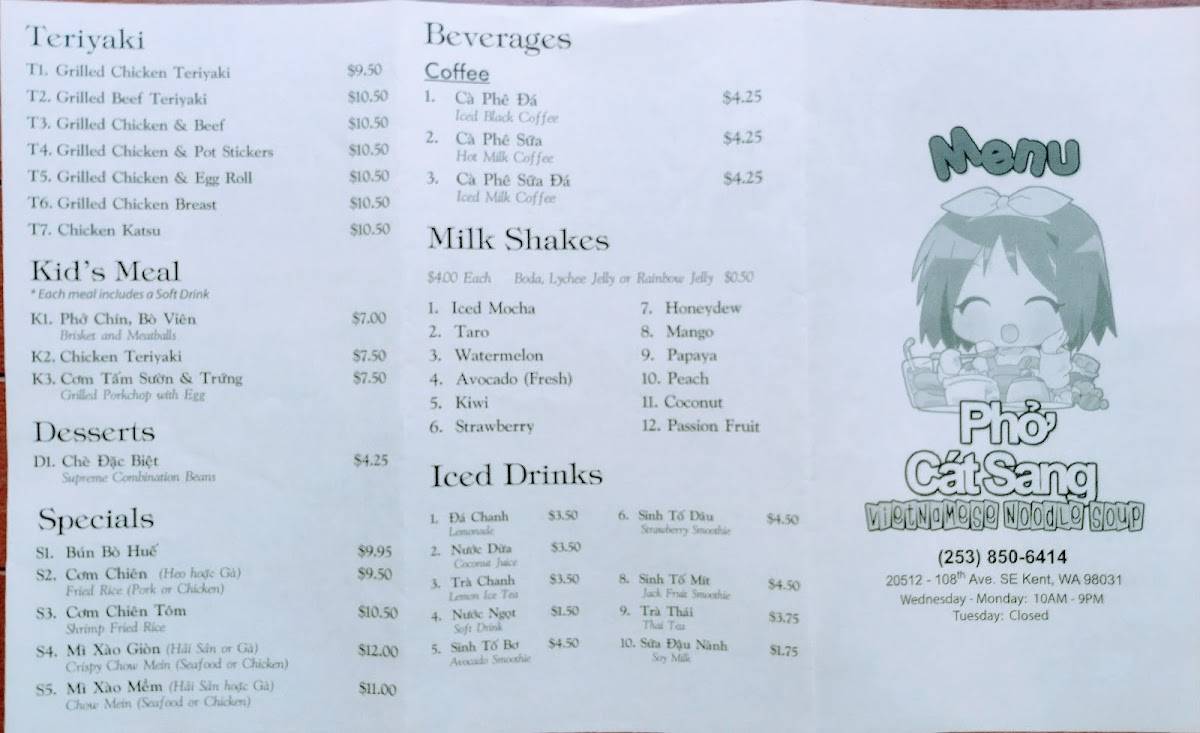 Menu at Pho Cat Sang restaurant, Kent
