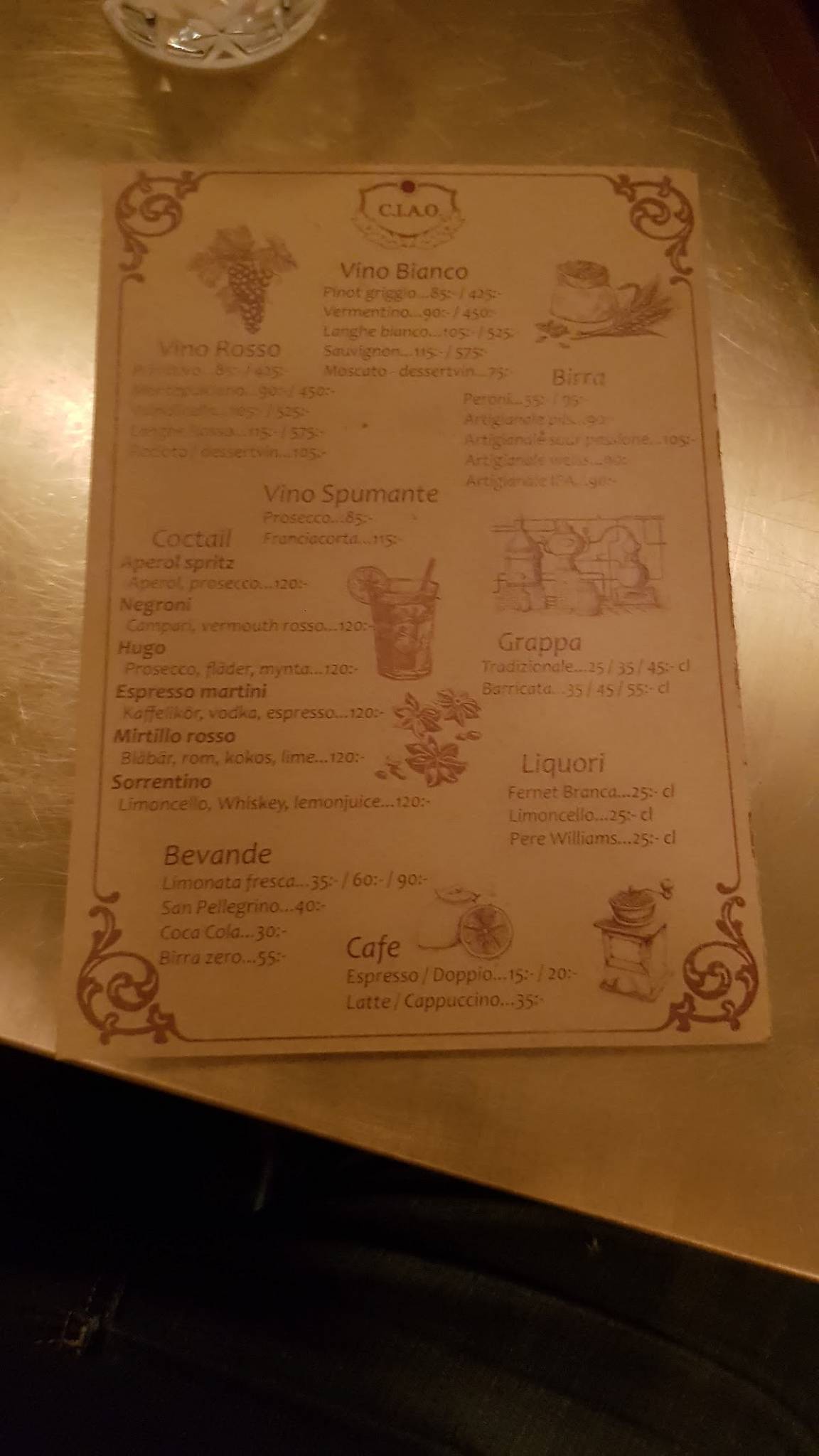Menu at Ciao pizzeria, Malmö