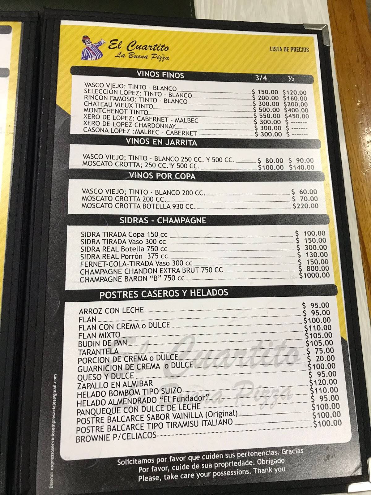Carta de pizzería El Cuartito, Buenos Aires, Talcahuano 937
